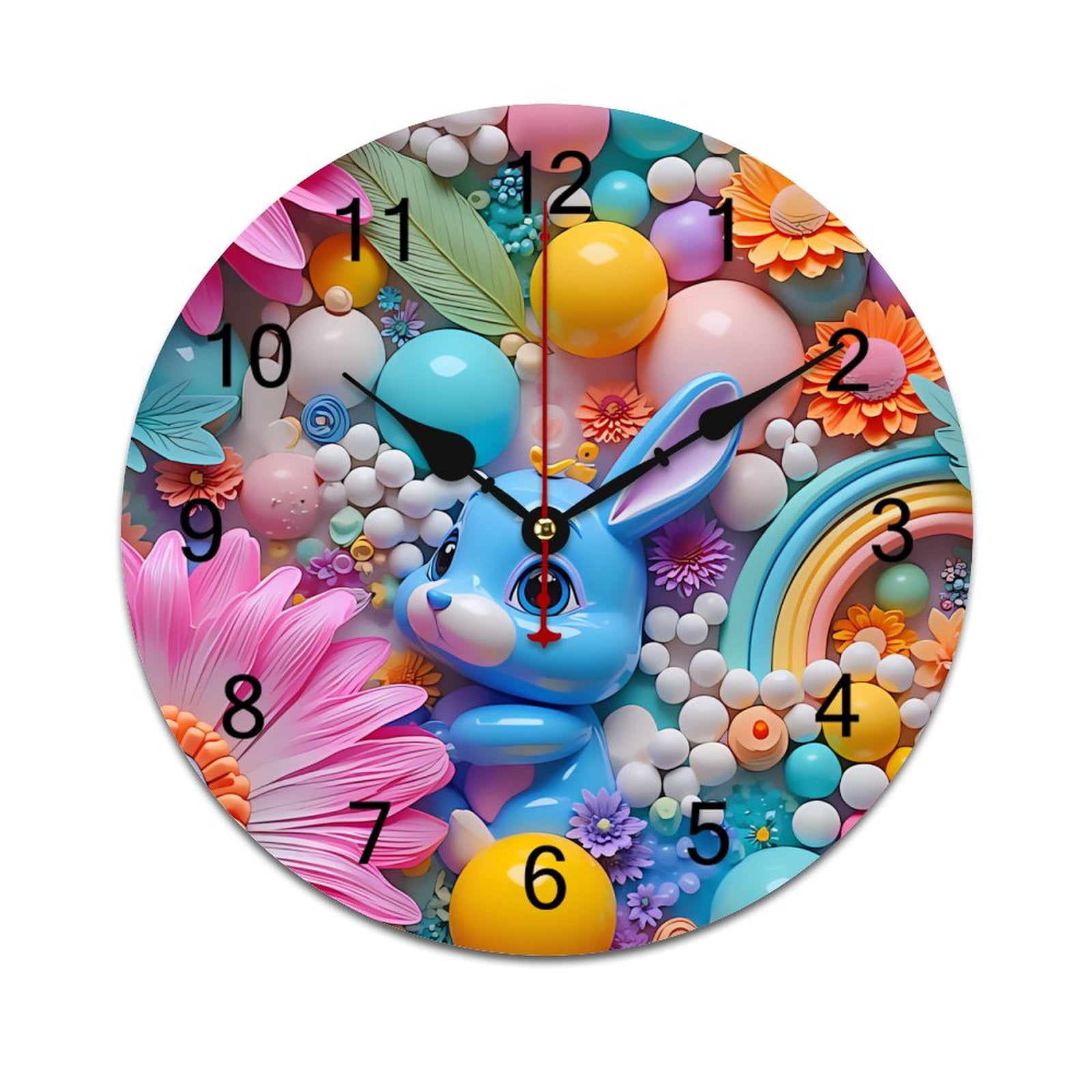 Colorful Flowers Rainbow Printed Silent Wall Clock Round Kitchen Clock ...