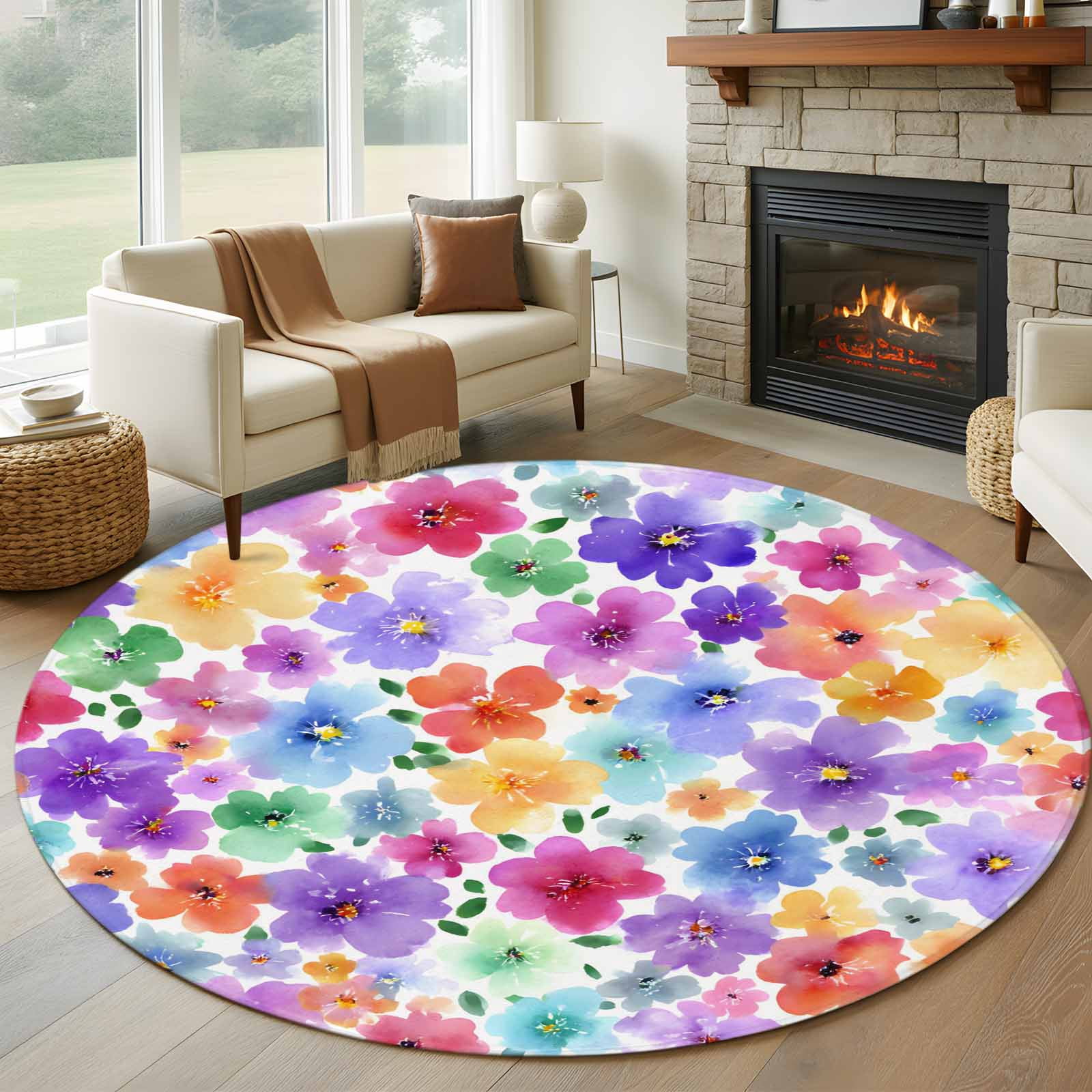 Colorful Flowers Round Area Rug 5Ft Washable Circle Rugs for Living ...