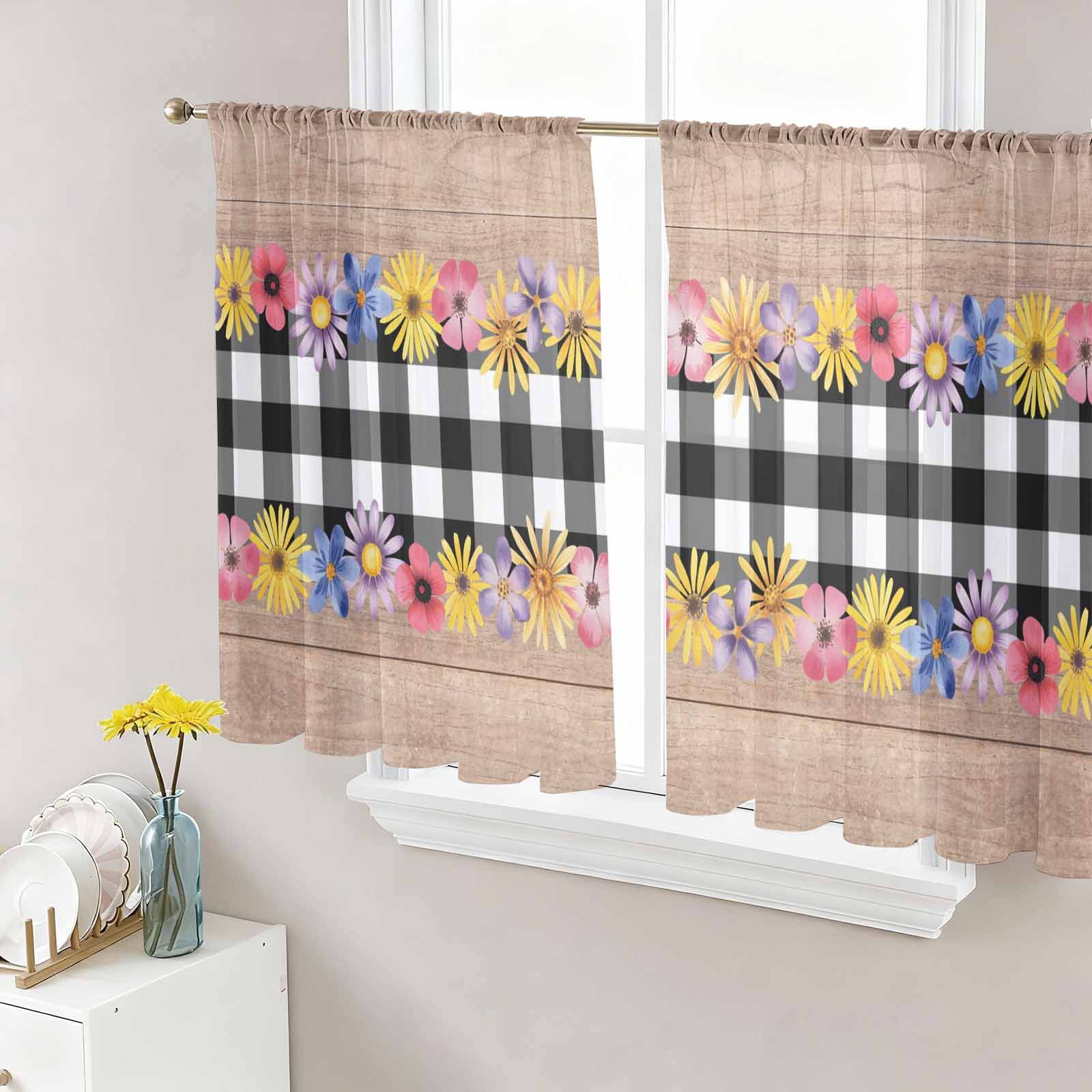 Colorful Flowers Sheer Curtains 45 Inch Length 2 Panels Set, Spring ...