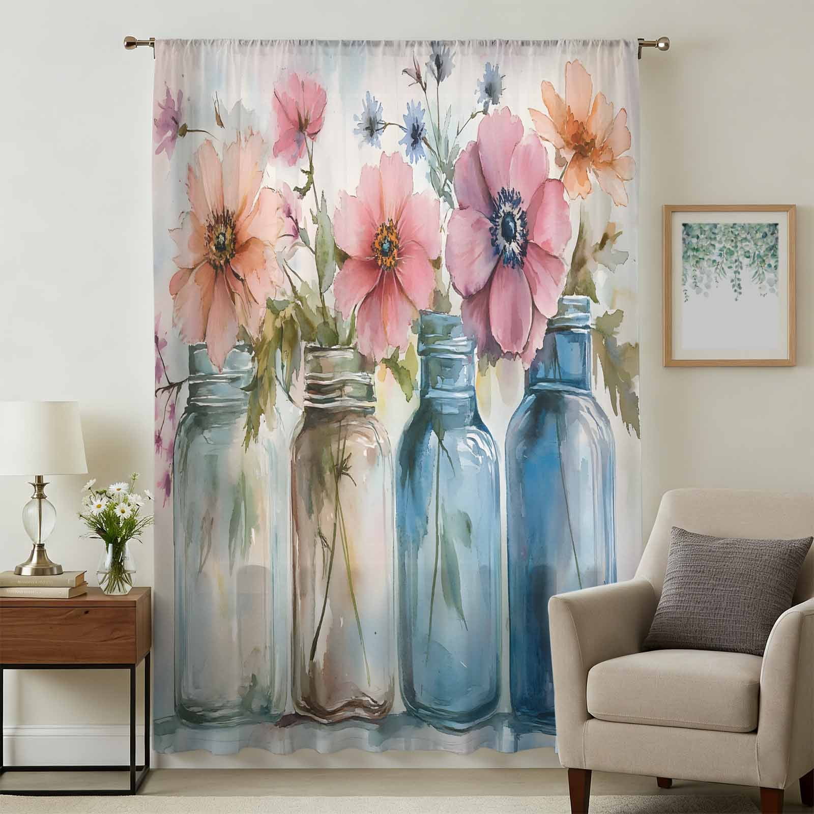 Colorful Flowers Sheer Curtains 63 Inches Long, Spring Botanical Floral ...