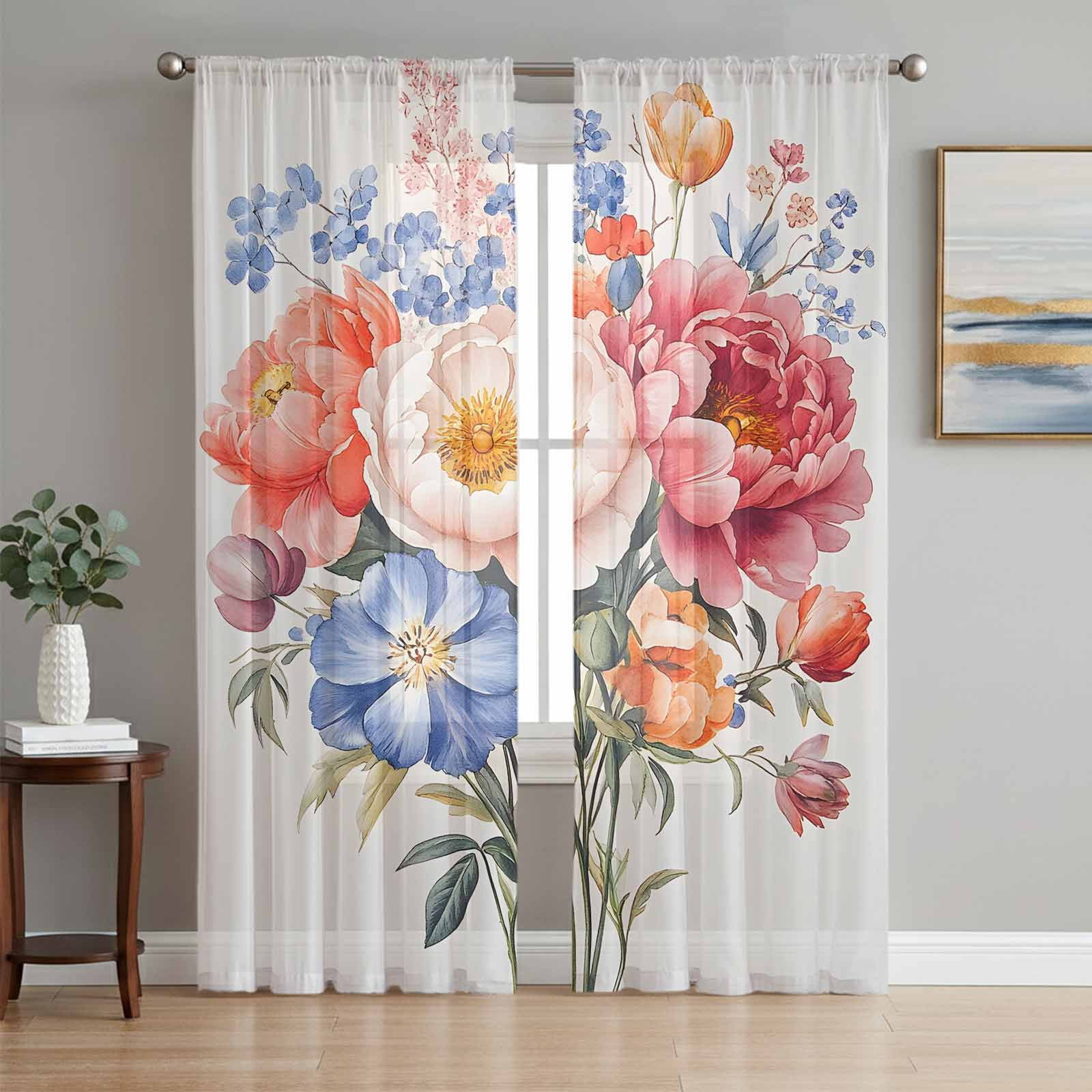 Colorful Flowers Sheer Curtains 72 Inch Length 2 Panels Set, Rustic ...