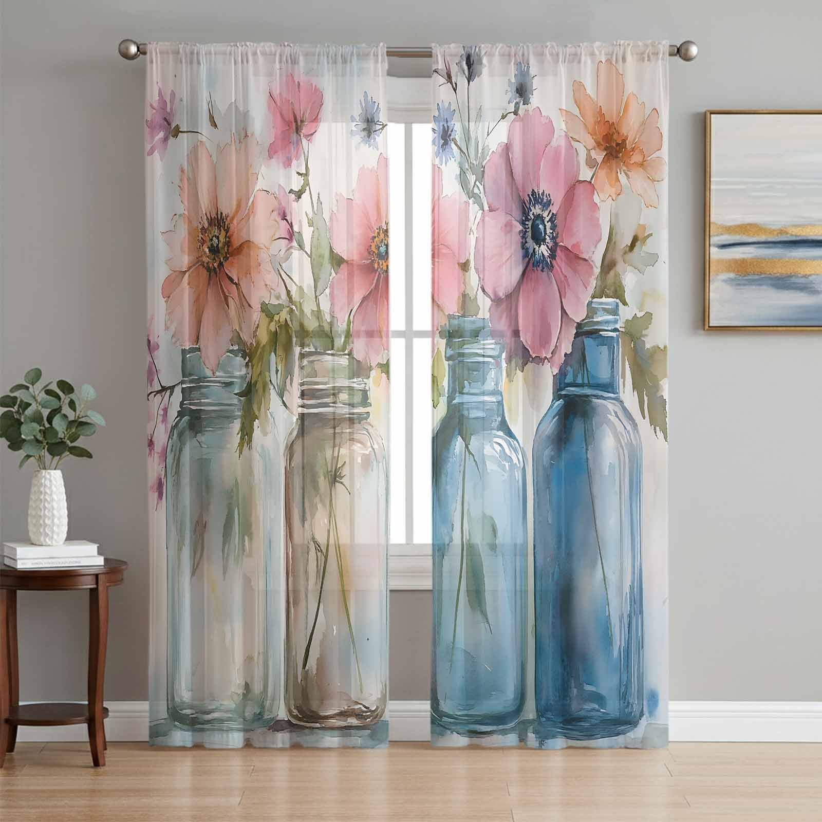 Colorful Flowers Sheer Curtains 72 Inch Length 2 Panels Set, Spring ...