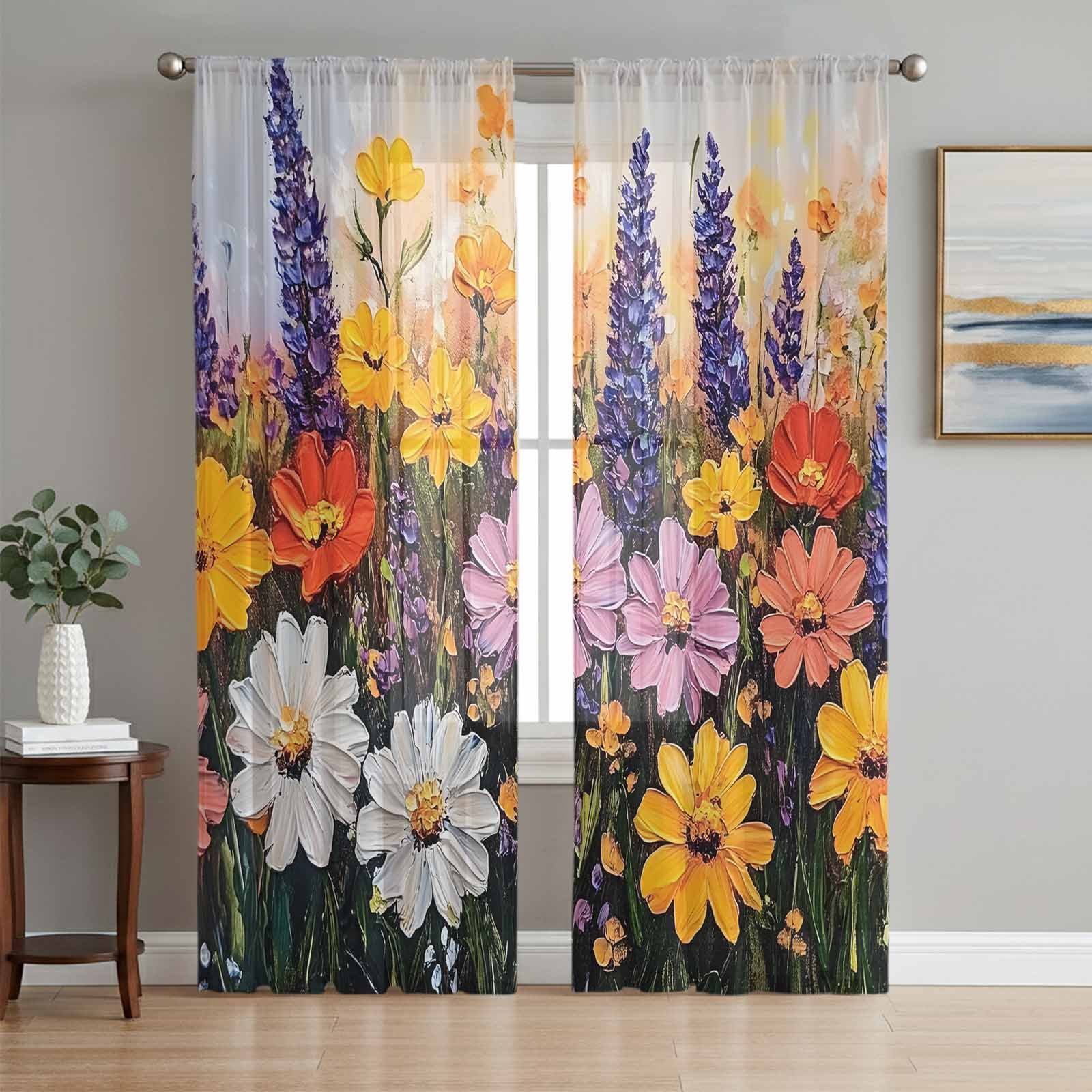 Colorful Flowers Sheer Curtains 84 Inch Length 2 Panels Set, Modern ...