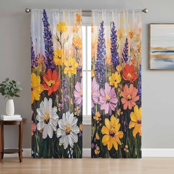 Colorful Flowers Sheer Curtains 84 Inch Length 2 Panels Set, Modern ...