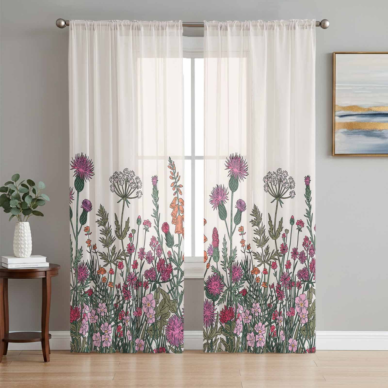 Colorful Flowers Sheer Curtains 96 Inch Length 2 Panels Set, Rustic ...