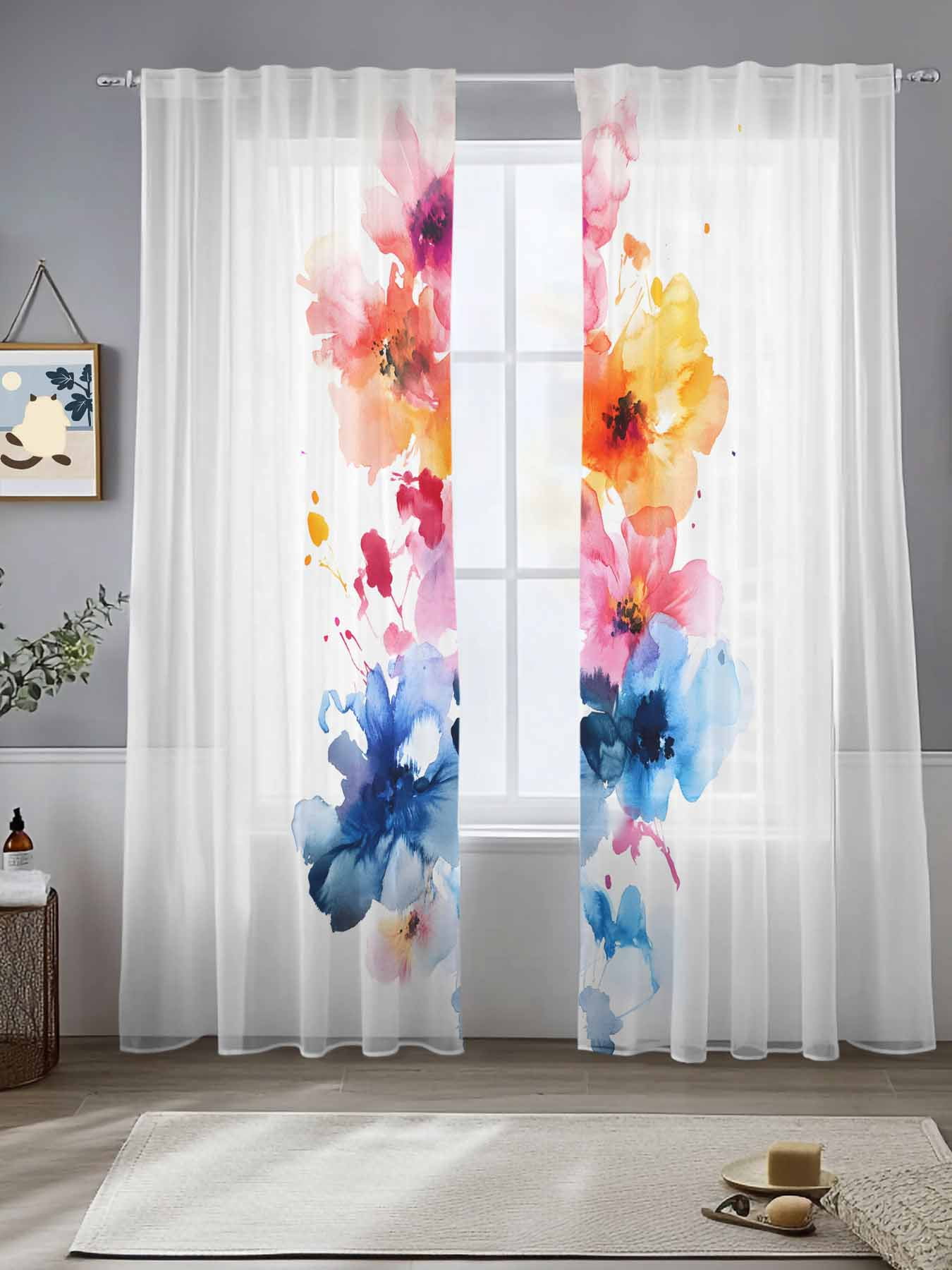 Colorful Flowers Sheer Curtains for Living Room Bedroom Modern Abstract ...