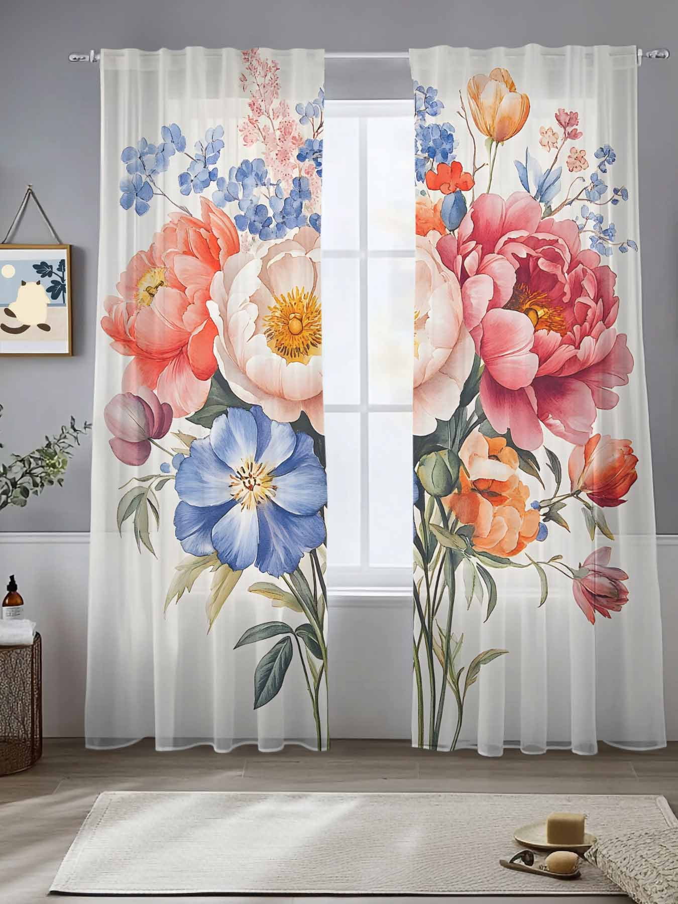 Colorful Flowers Sheer Curtains for Living Room Bedroom Rustic ...