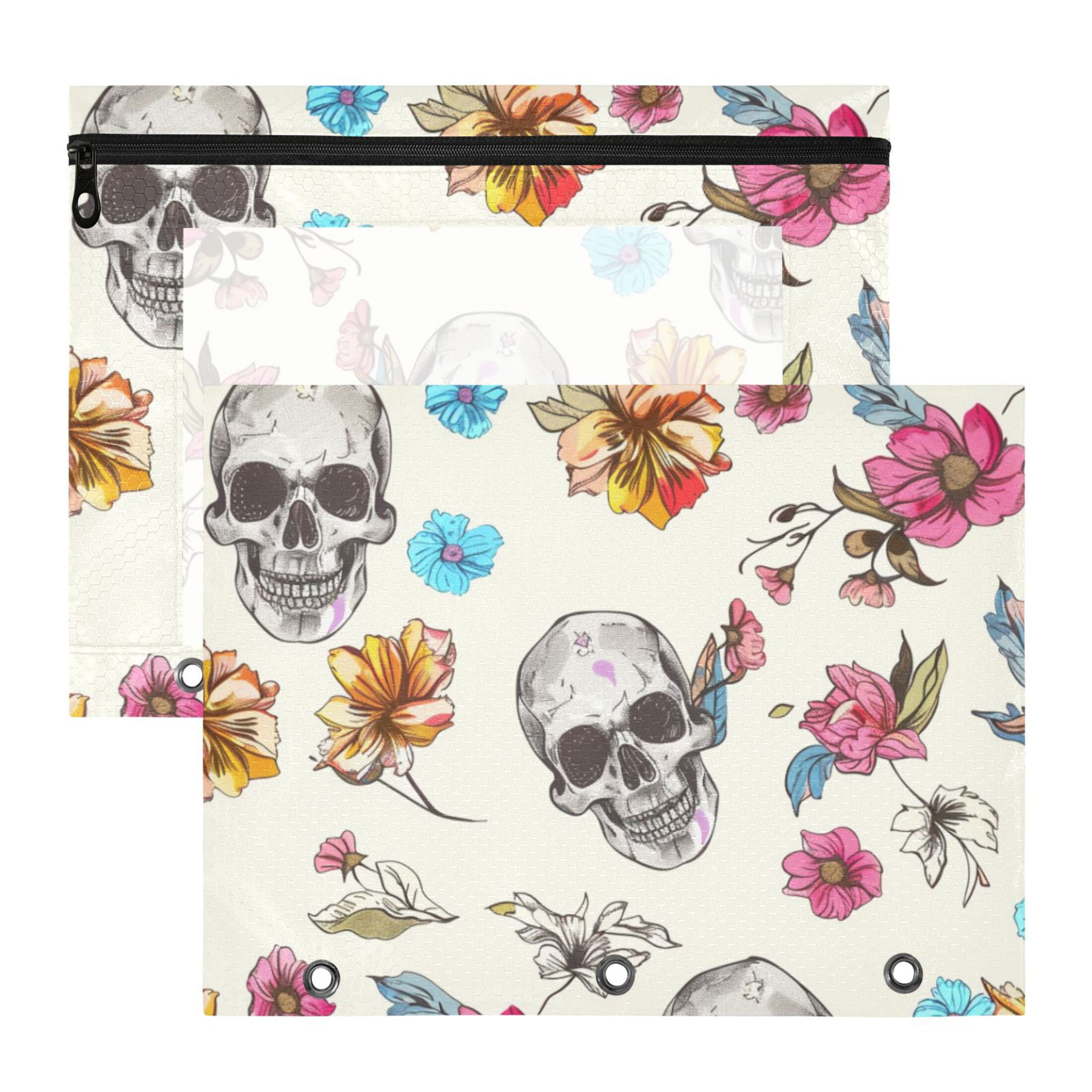 Colorful Flowers Skull Head 3-Ring Binder Pouches A4 Size Zipper Pocket ...