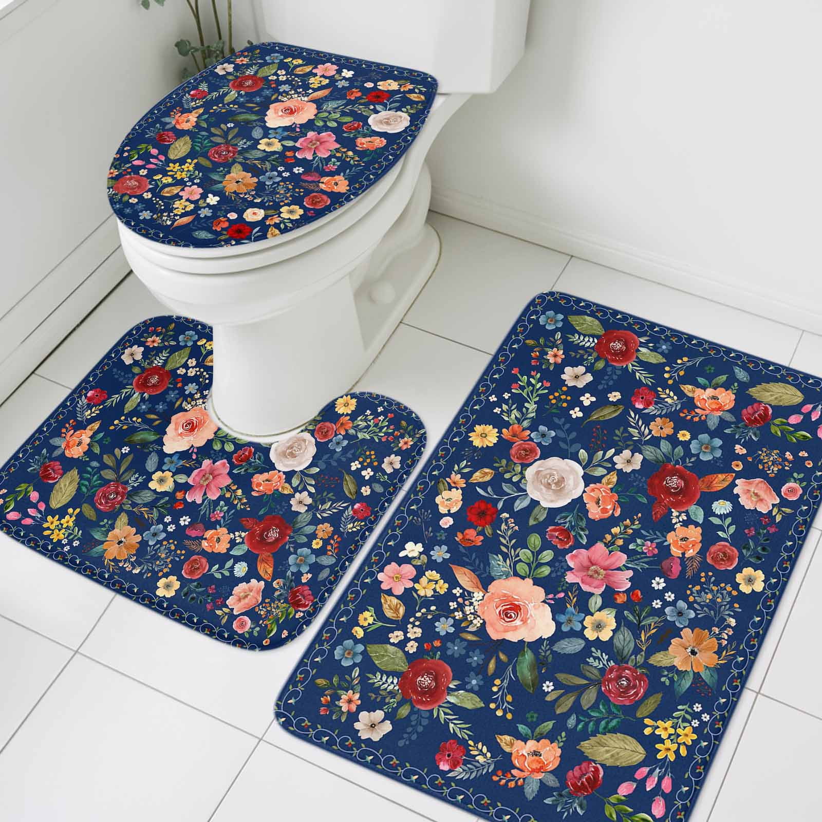 Colorful Flowers Square Bathroom Rugs Set Spring Vintage Watercolor ...