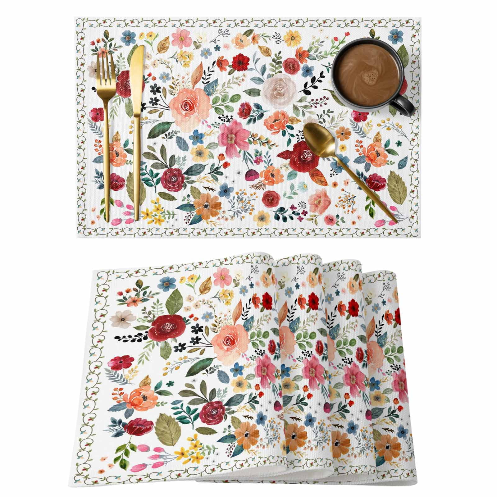 Colorful Flowers Square Cotton Linen Placemats Set of 6, Spring Vintage ...