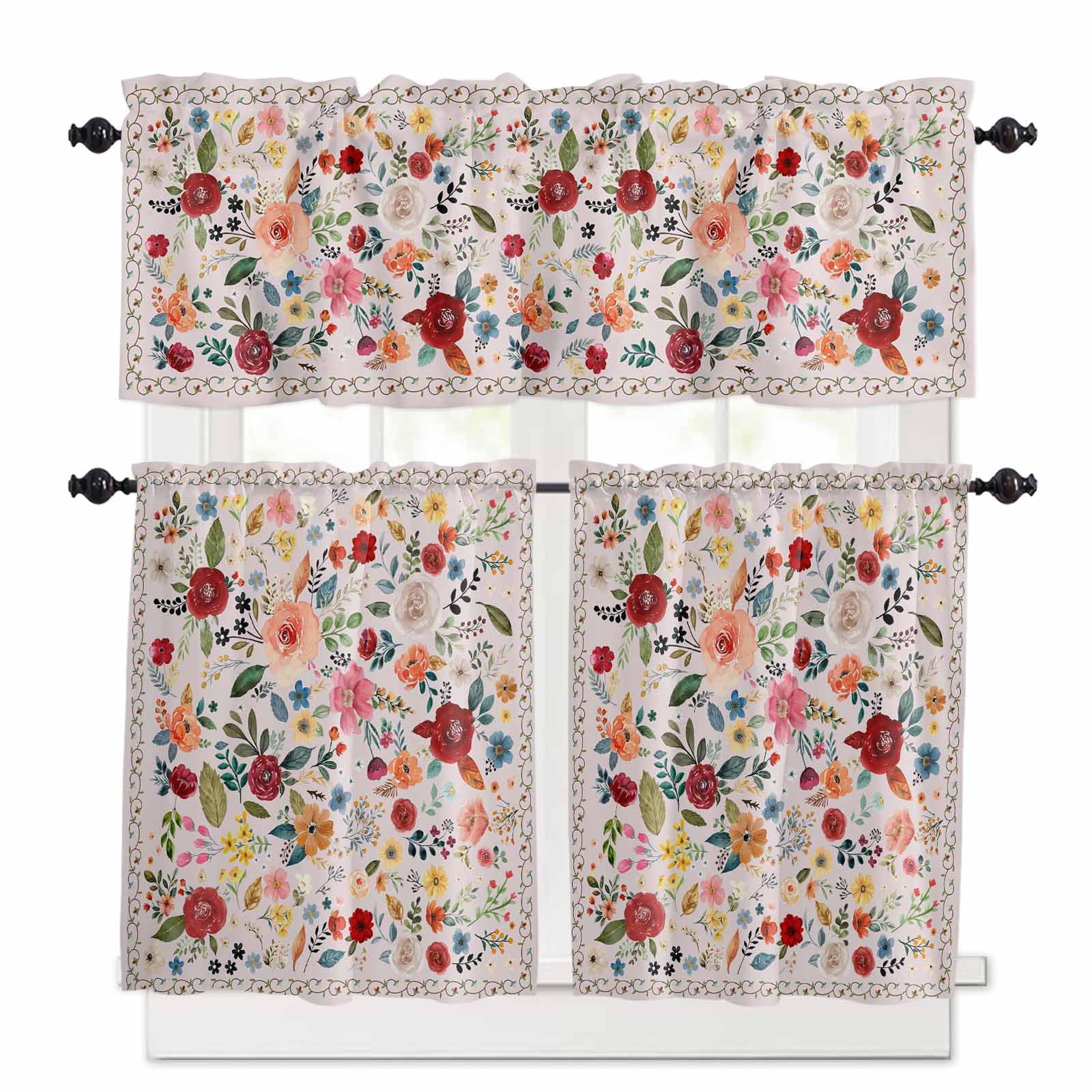 Colorful Flowers Square Kitchen Curtains Valances and Tiers Set of 3 ...