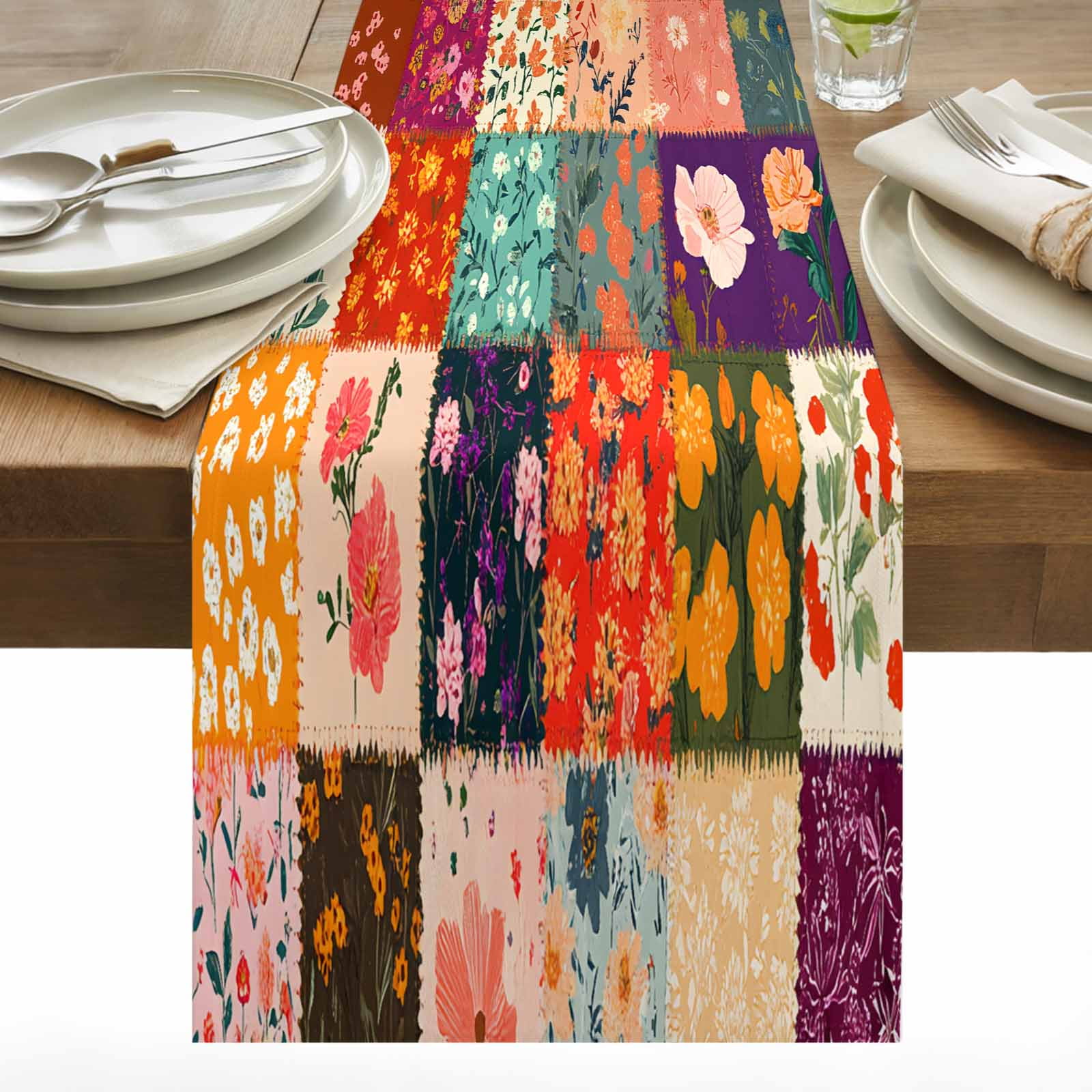 Colorful Flowers Table Runner 13x120 inch Blooming Flowers Cotton Linen ...