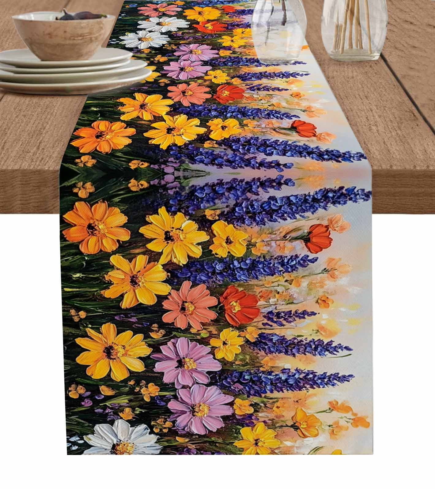 Colorful Flowers Table Runner 72 Inches, Modern Botanical Floral Oil ...