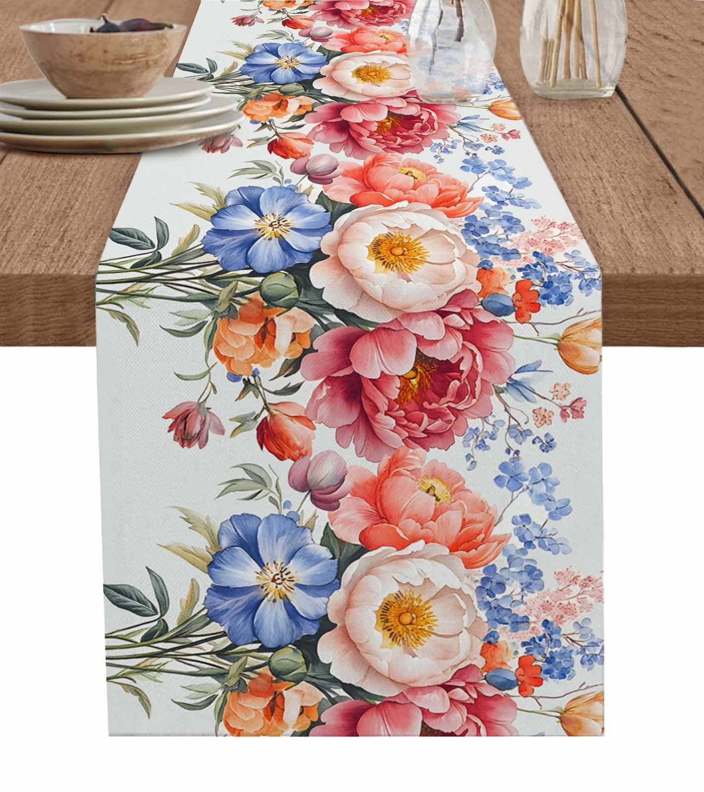 Colorful Flowers Table Runner 72 Inches, Rustic Watercolor Botanical ...