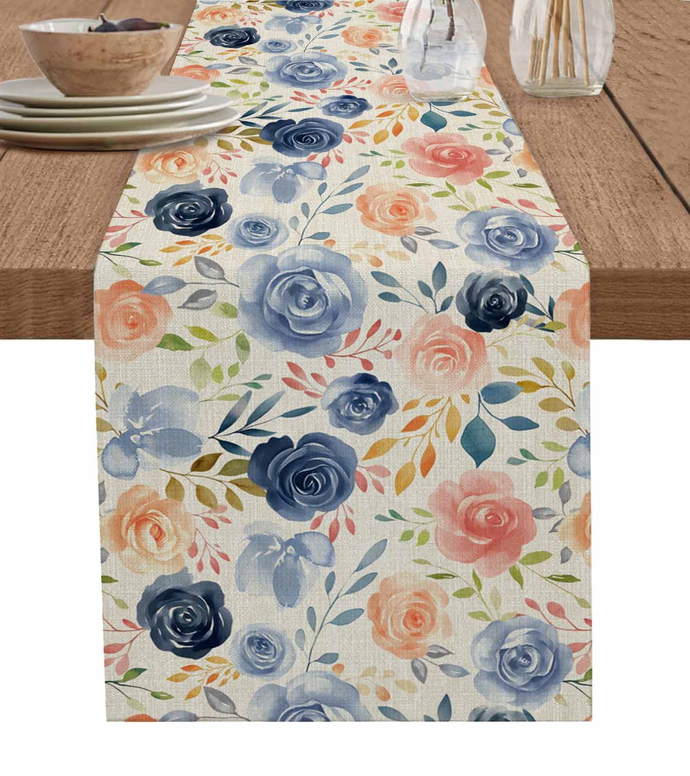 Colorful Flowers Table Runner 72 Inches, Watercolor Retro Blue Pink ...