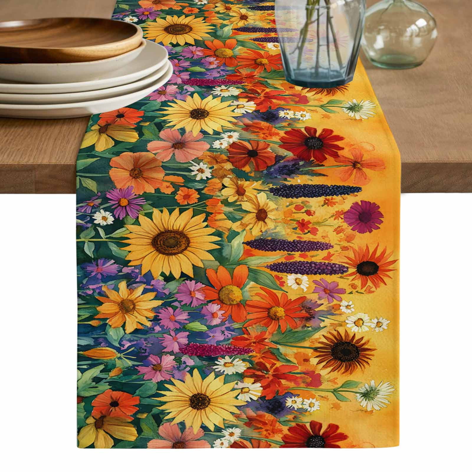 Colorful Flowers Table Runner, Farmhouse Sunflower Daisy Washable ...