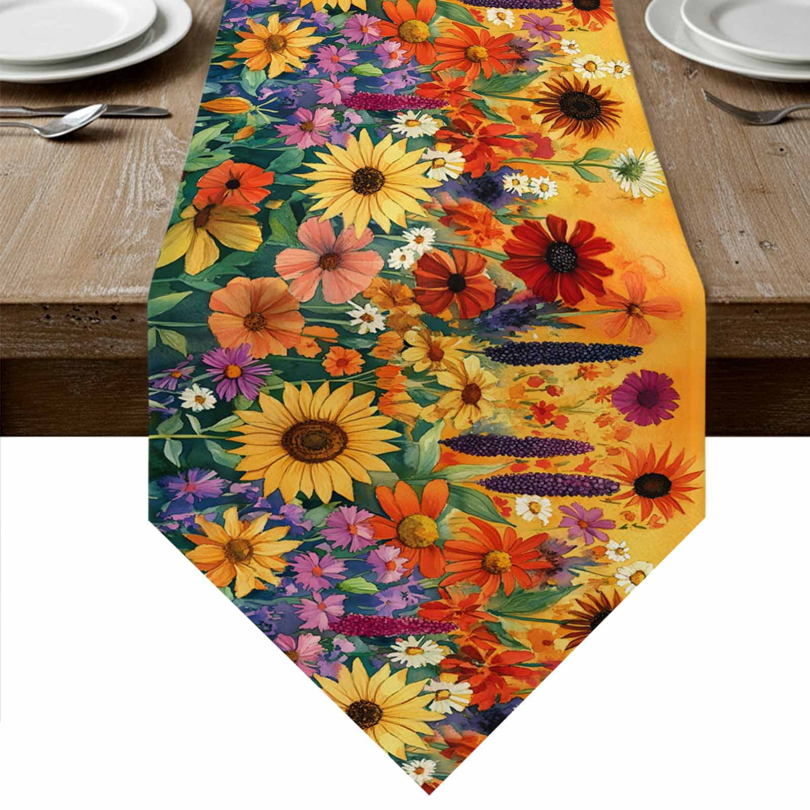 Colorful Flowers Table Runner Linen Burlap Table Runner 120 Inches Long ...