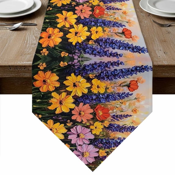 Colorful Flowers Table Runner Linen Burlap Table Runner 120 Inches Long ...