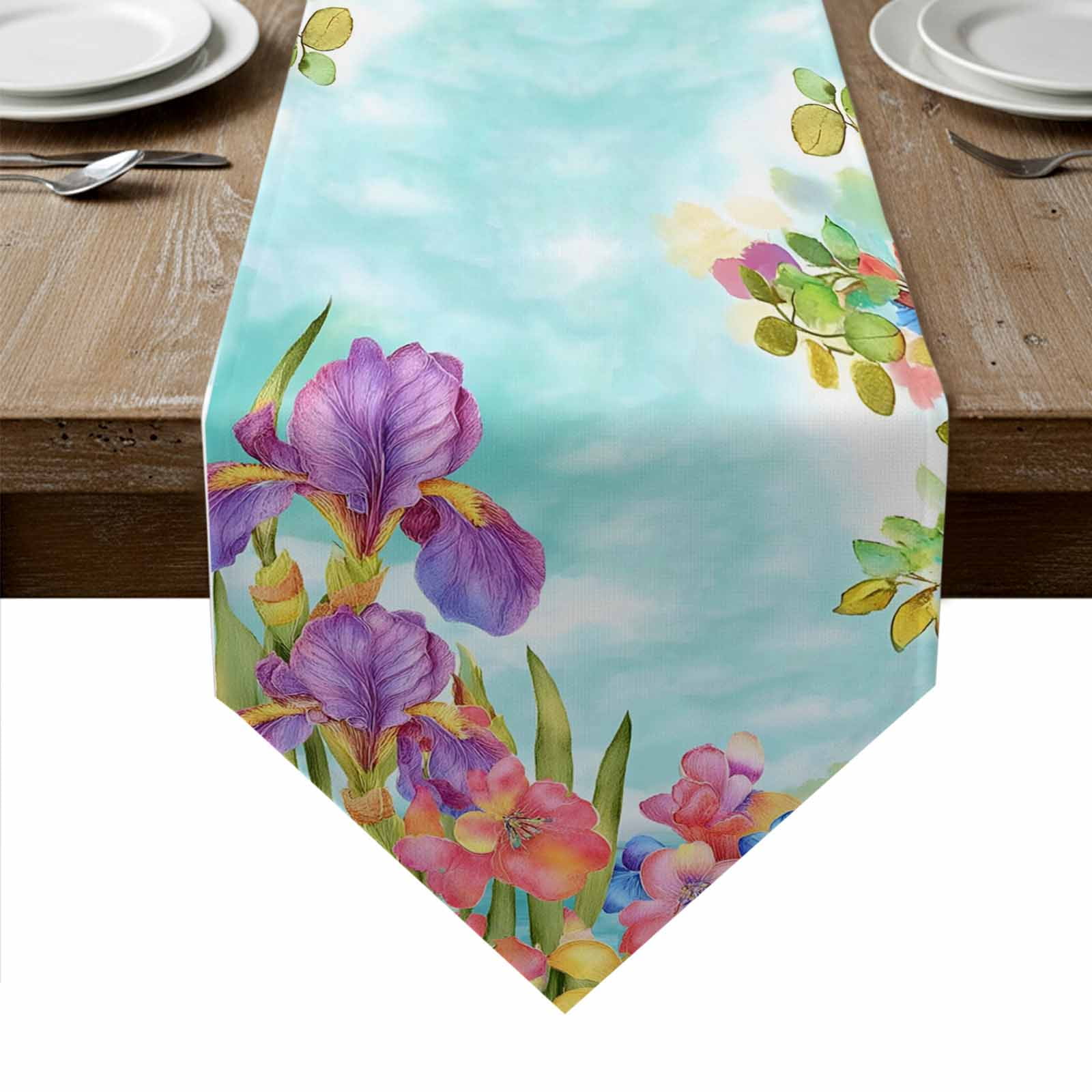 Colorful Flowers Table Runner Linen Burlap Table Runner 120 Inches Long ...