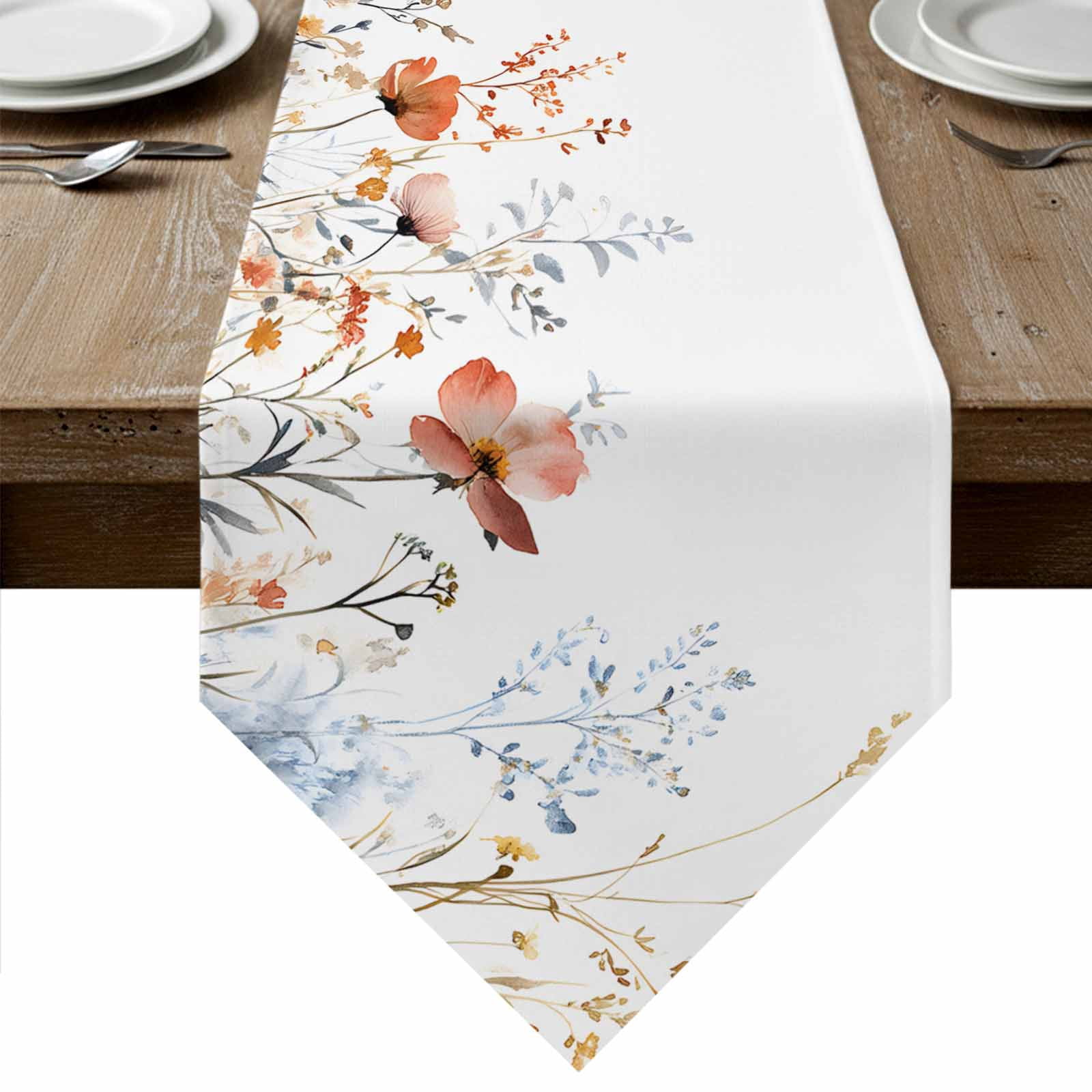 Colorful Flowers Table Runner Linen Burlap Table Runner 48 Inches Long ...