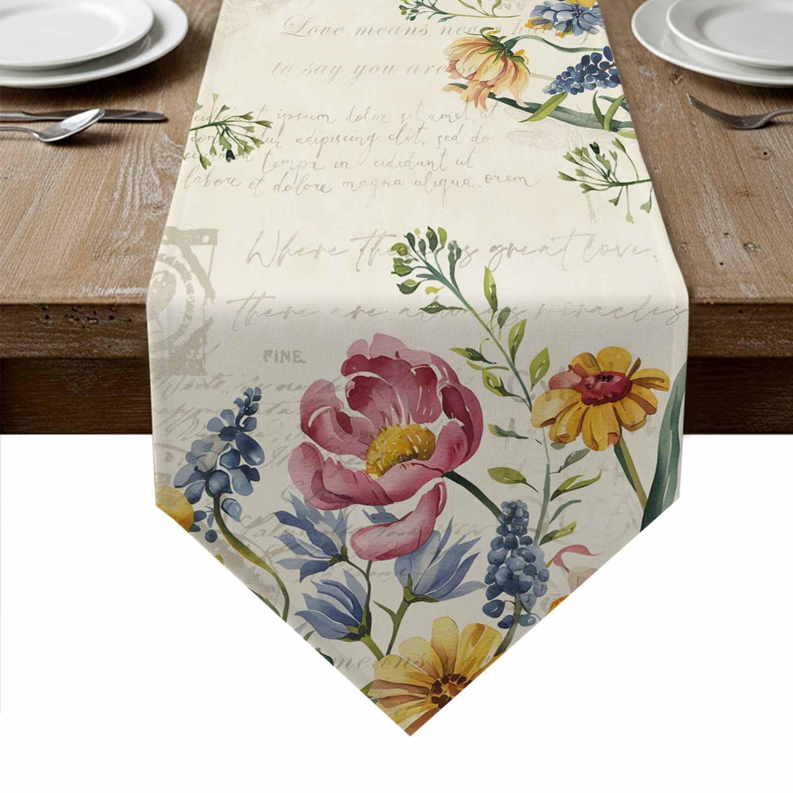 Colorful Flowers Table Runner Linen Burlap Table Runner 48 Inches Long ...