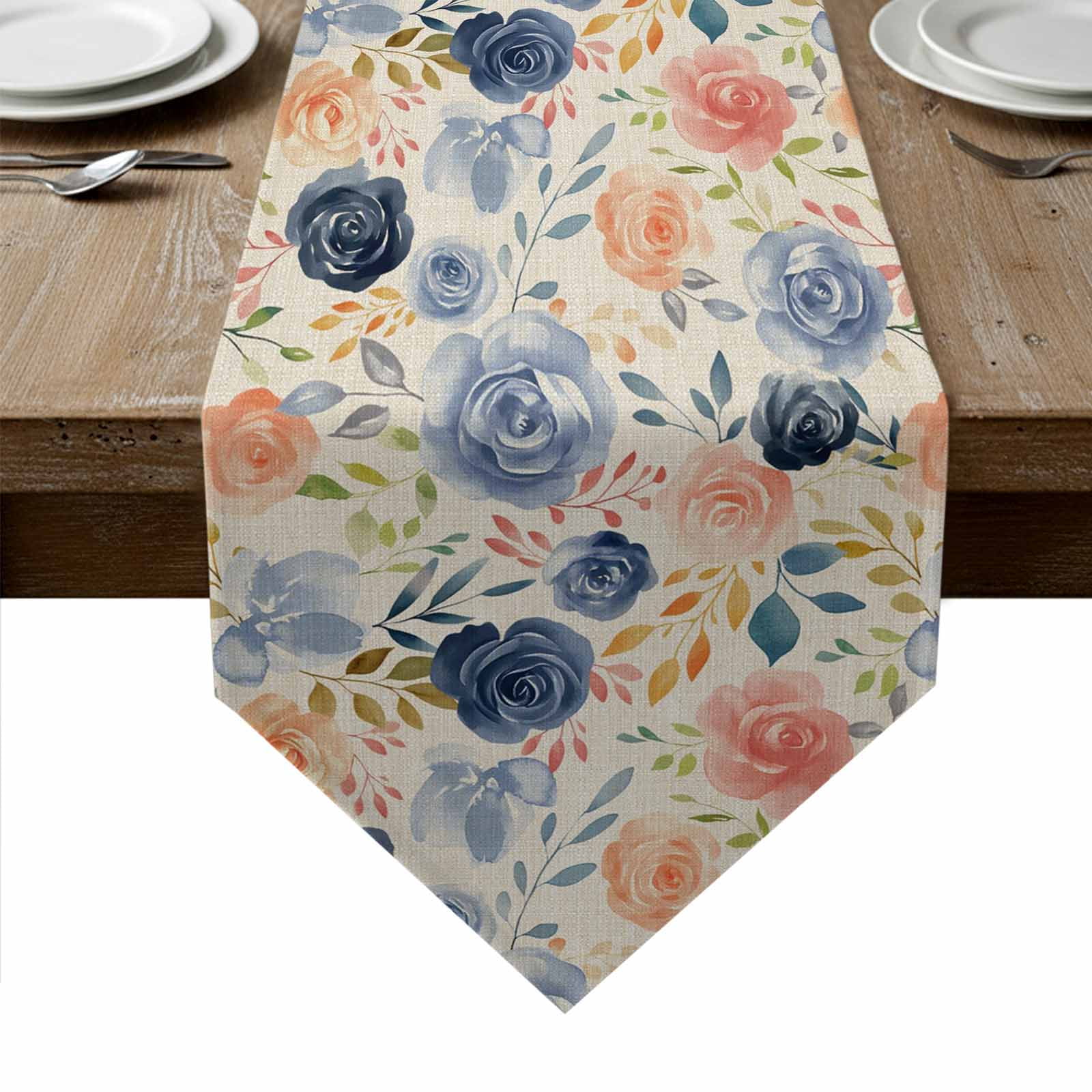 Colorful Flowers Table Runner Linen Burlap Table Runner 60 Inches Long ...
