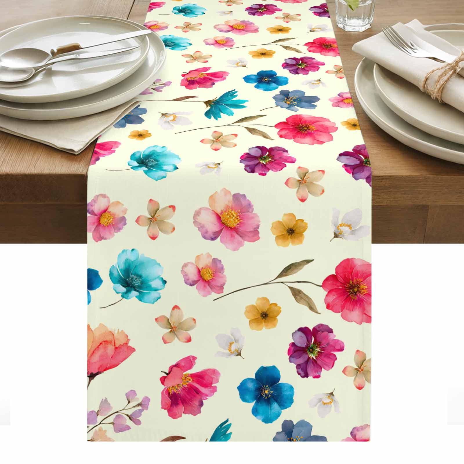 Colorful Flowers Table Runner Spring Watercolor Floral Plant Beige ...