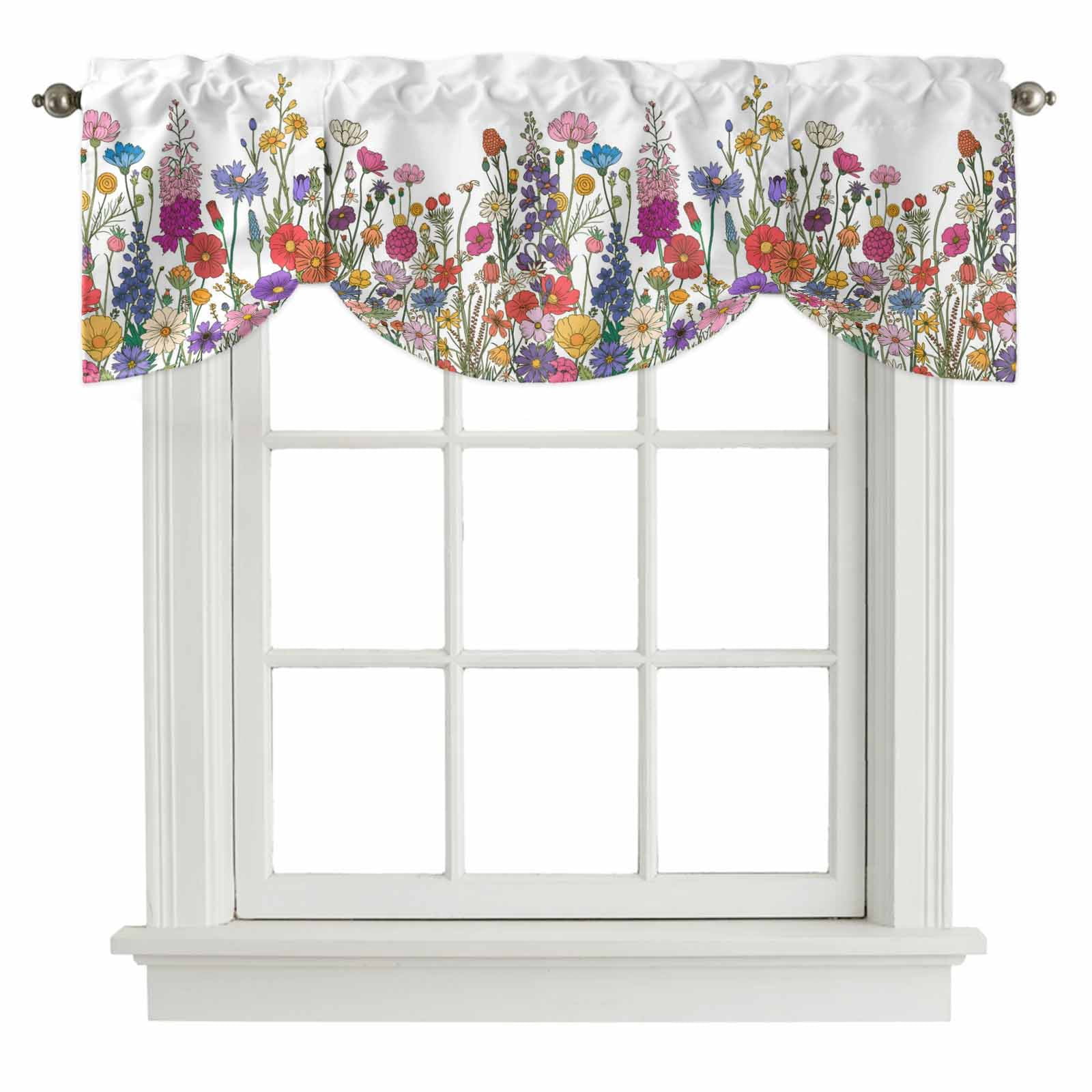 Colorful Flowers Tie Up Valance Curtains for Windows, Kitchen Curtains ...