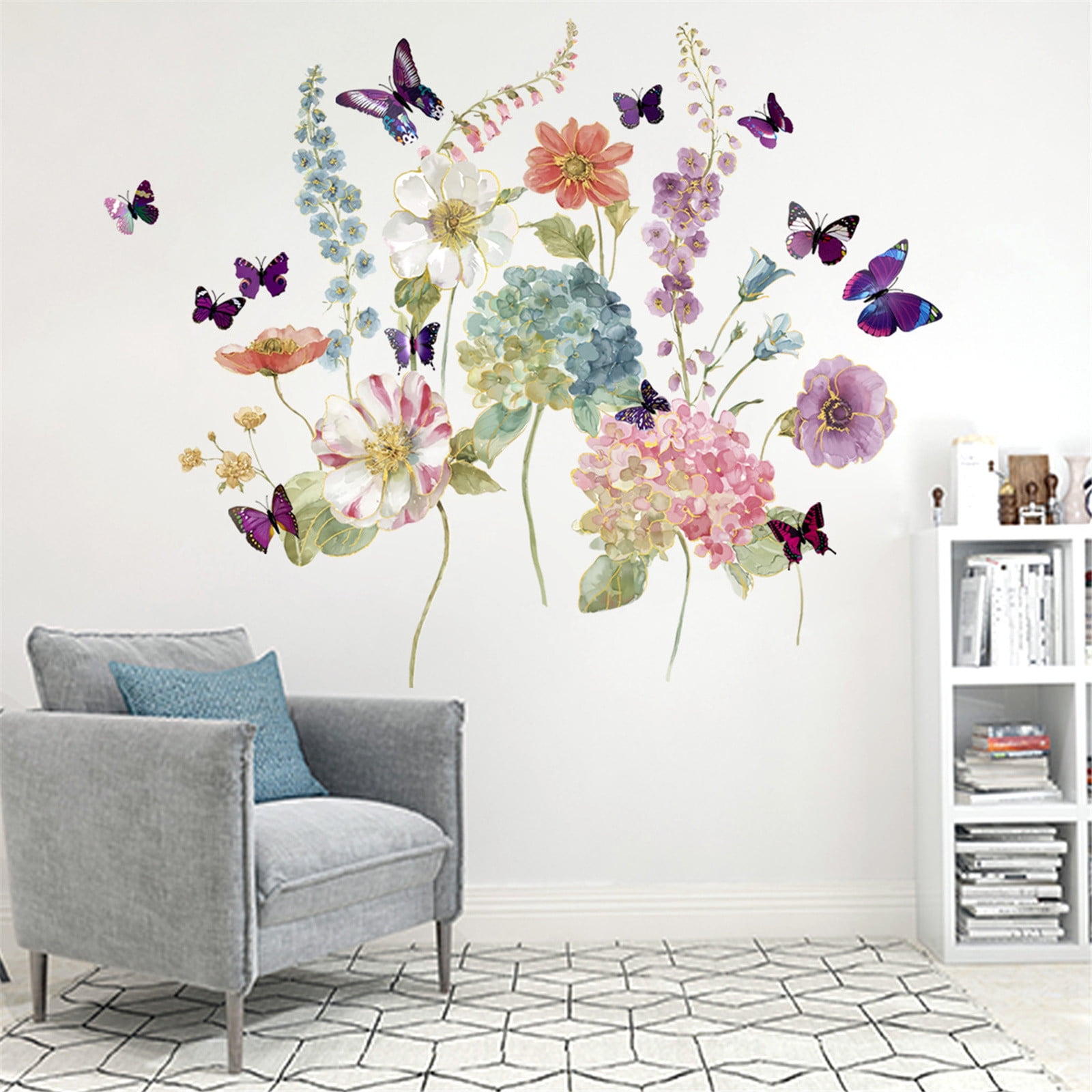 Colorful Flowers Wall Stickers, Peel and Stick Green Plants Flower ...