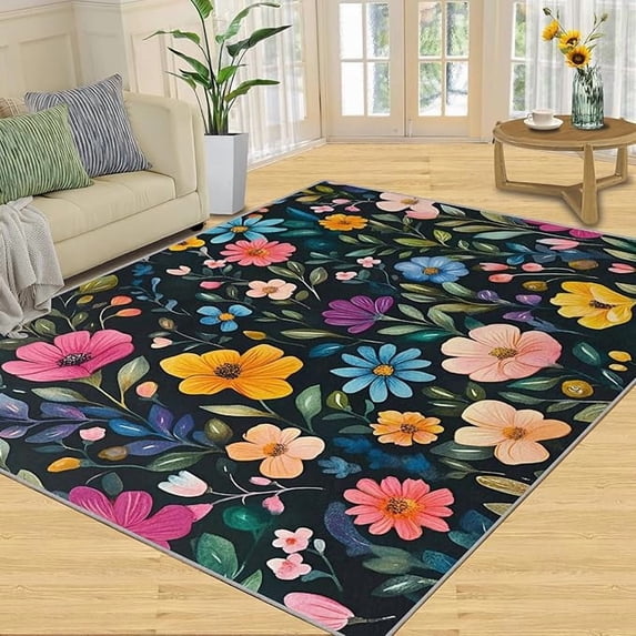 Colorful Flowers Washable Area Rugs Non-Slip Green Leaves Living Room ...