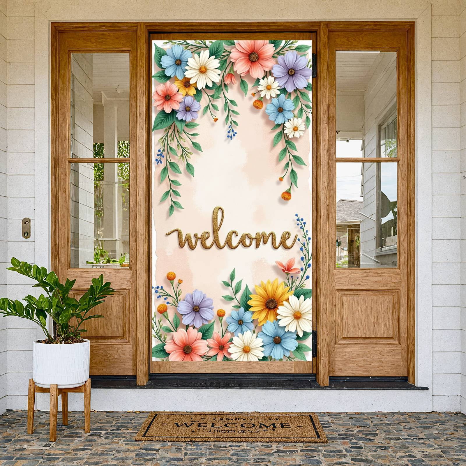 Colorful Flowers Welcome Banner Golden Glitter Floral Display Green ...