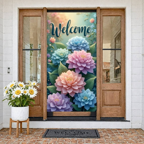 Colorful Flowers Welcome Banner Pink Purple Blue Floral Display Green ...