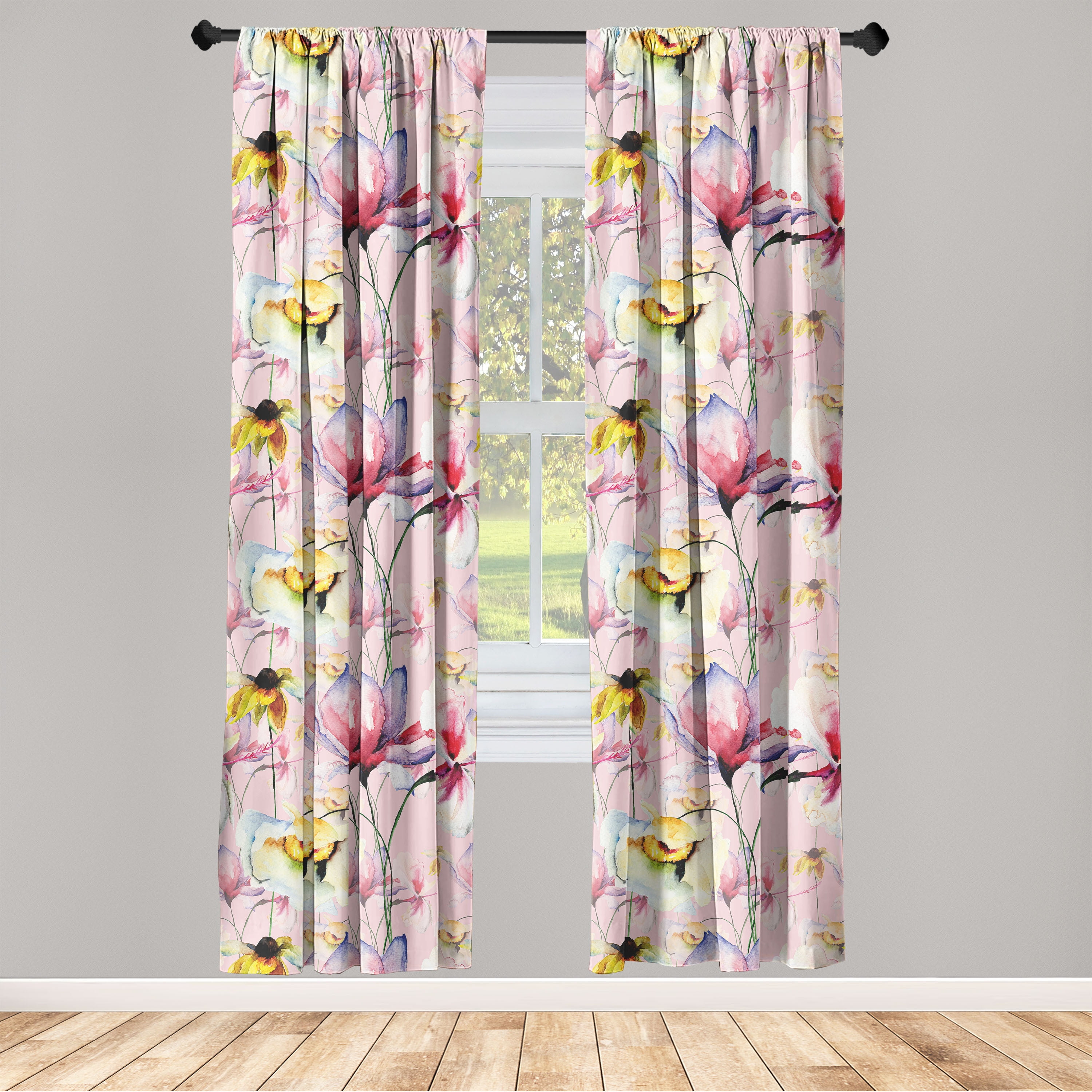 Colorful Flowers Window Curtains, Watercolor Innocent Wild Meadow ...