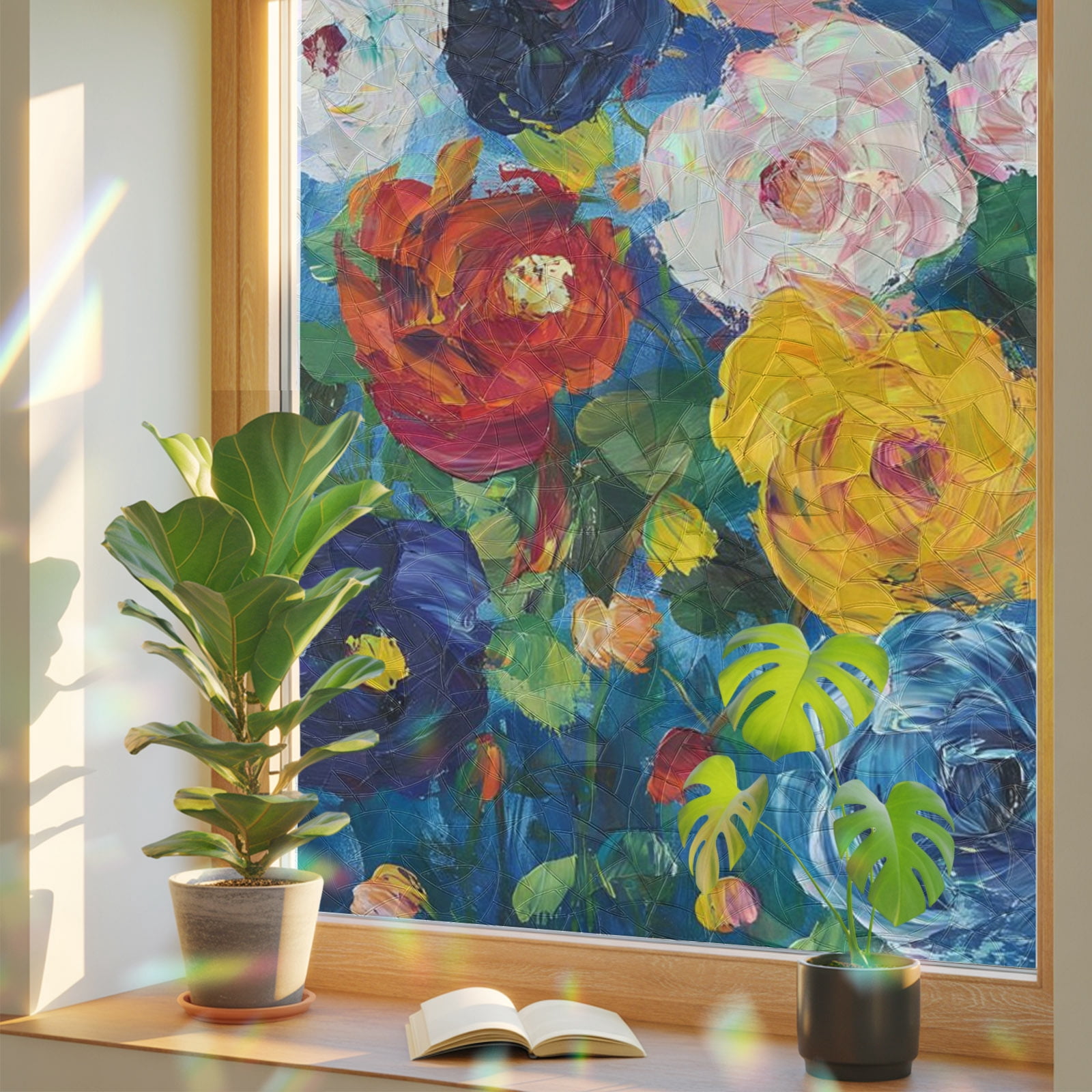 Colorful Flowers Window Privacy Film Rainbow Static Cling Stain Glass ...