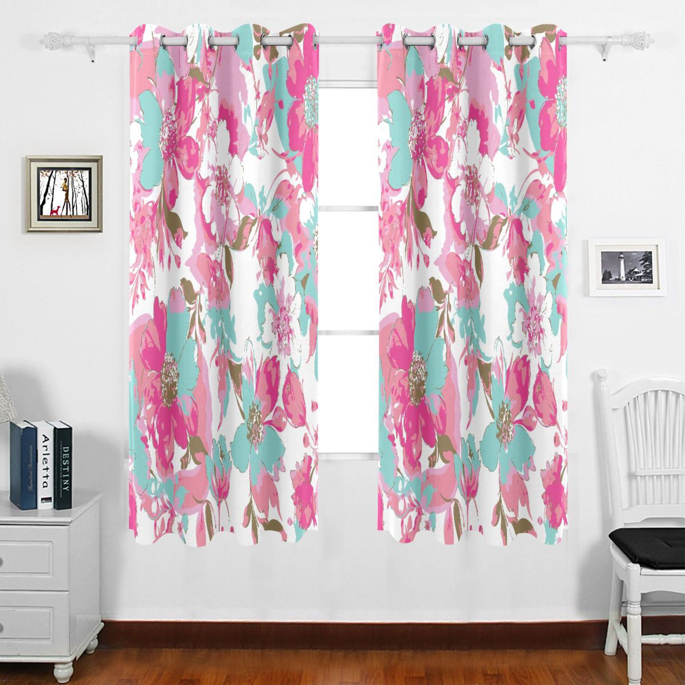 Colorful Flowers and Leaves Grommet Blackout Curtains Thermal Insulated ...