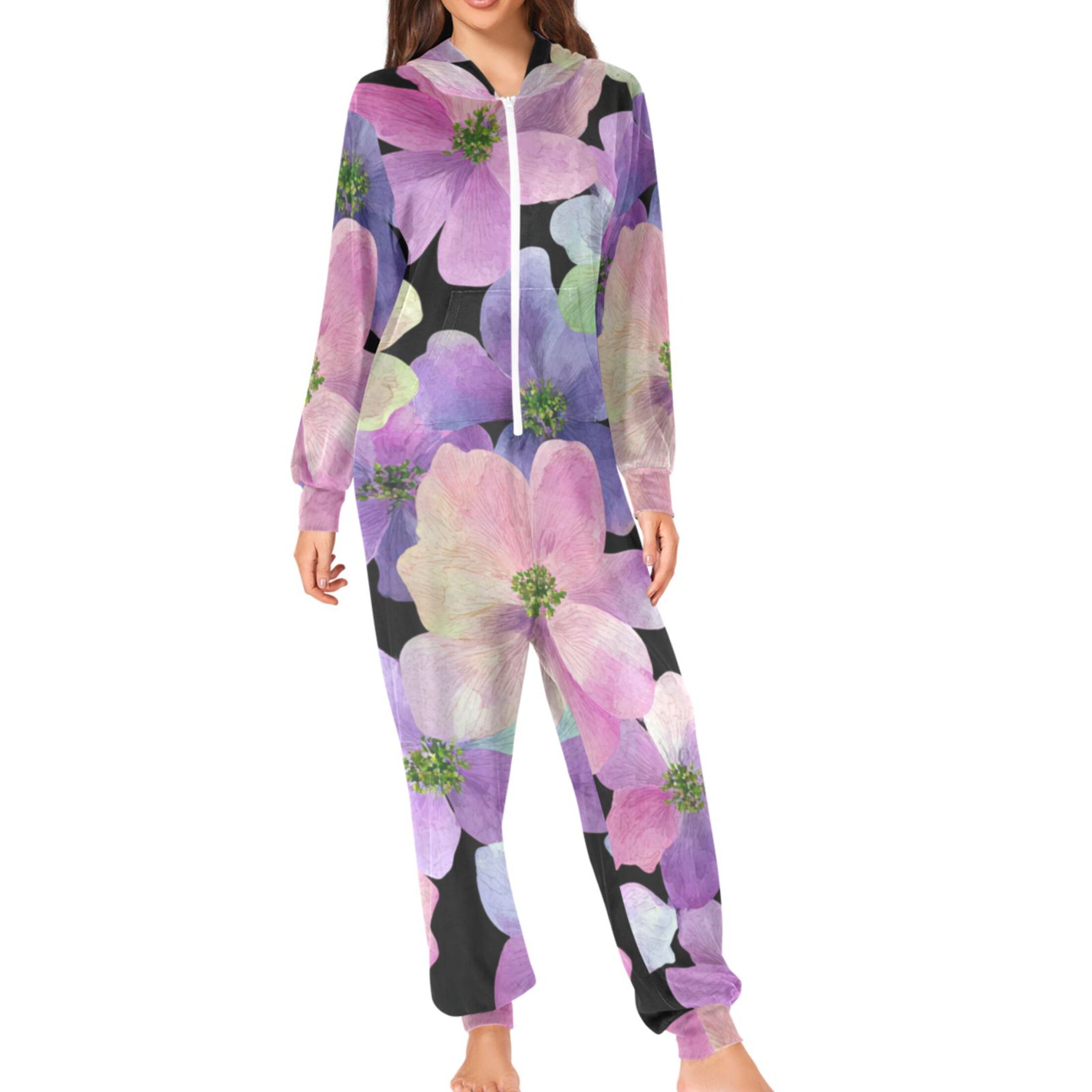 Colorful Flowers on Black Background Adult's Hoodie Onesie Jumpsuit One ...