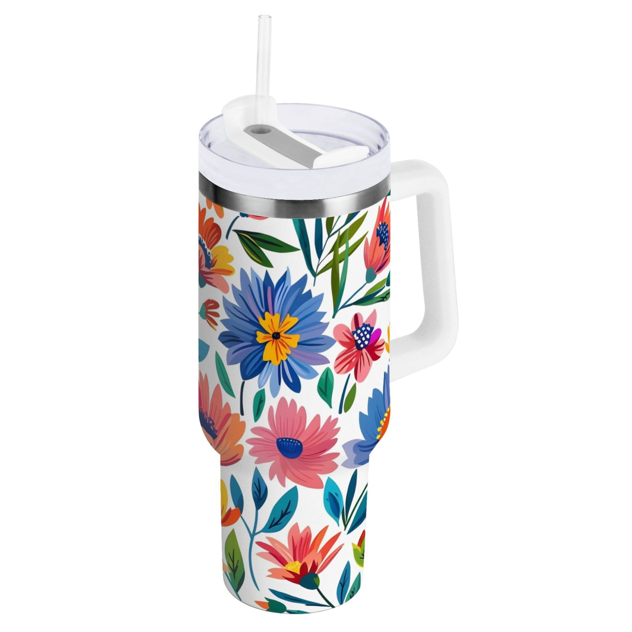 Colorful Flowers with Green Leaf 30 oz Tumbler with Handle and Straw ...