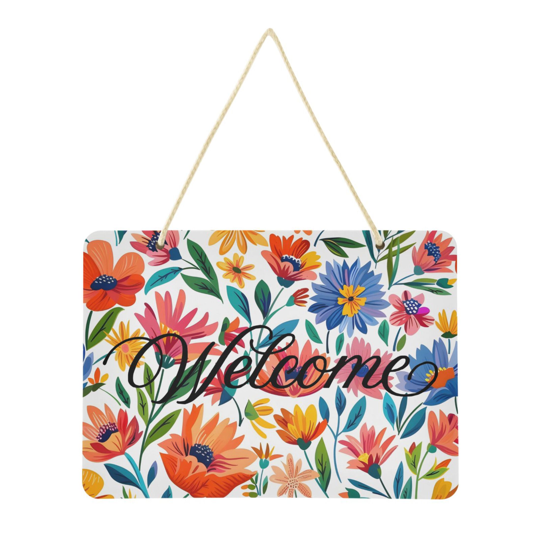 Colorful Flowers with Green Leaf Welcome Sign Front Door PVC 14x10 inch ...