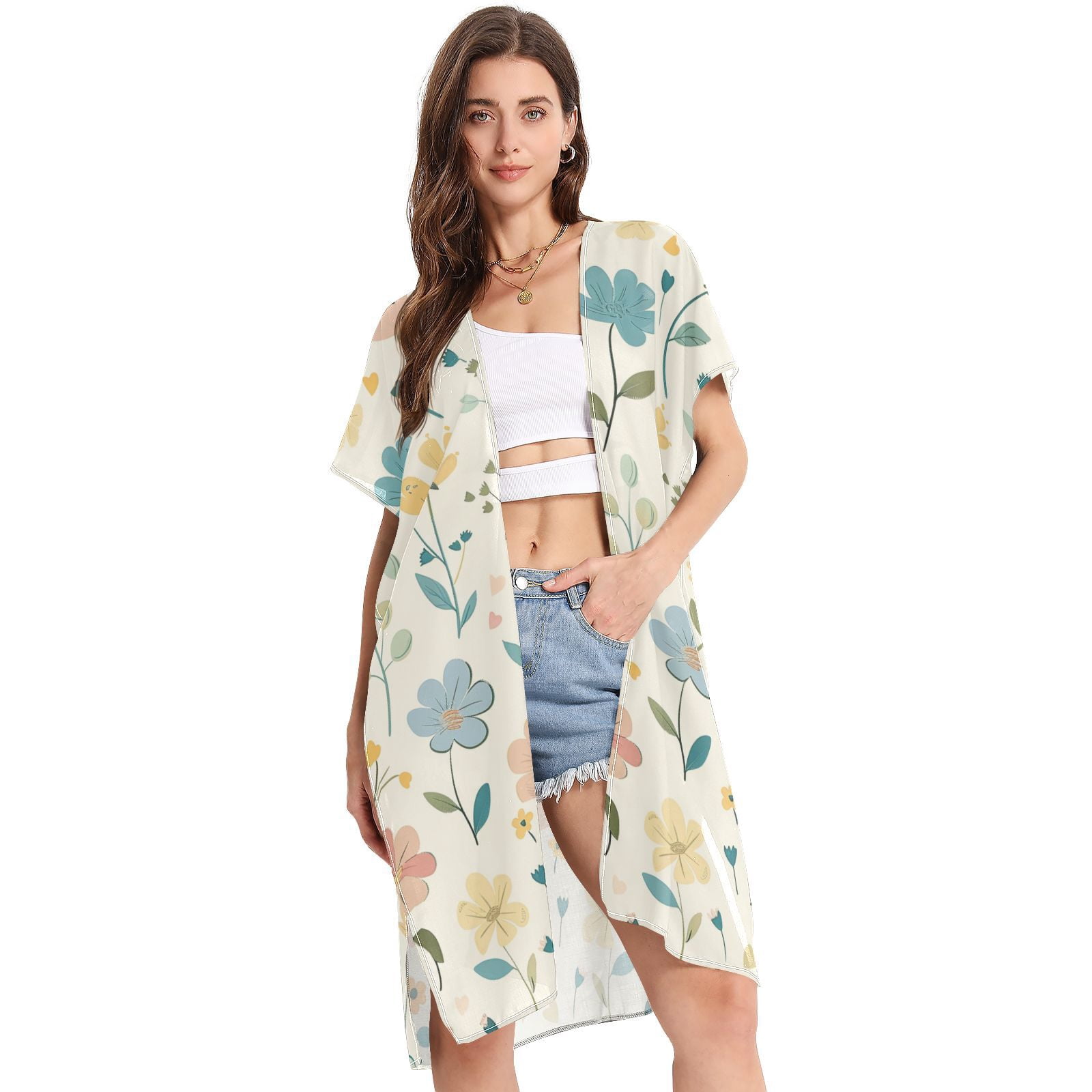 Colorful Flowers with Leaves Women Swimsuit Cover up V Neck Beach Dress ...