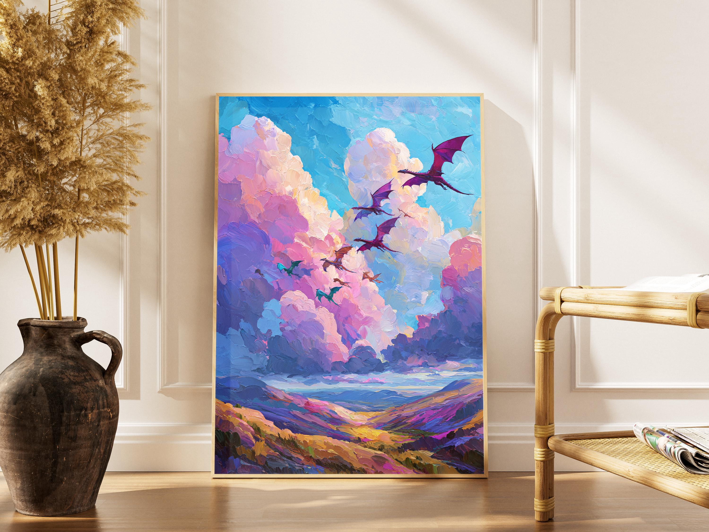 Colorful Flying Dragons Fantasy Poster Vintage Style Wall Decor ...
