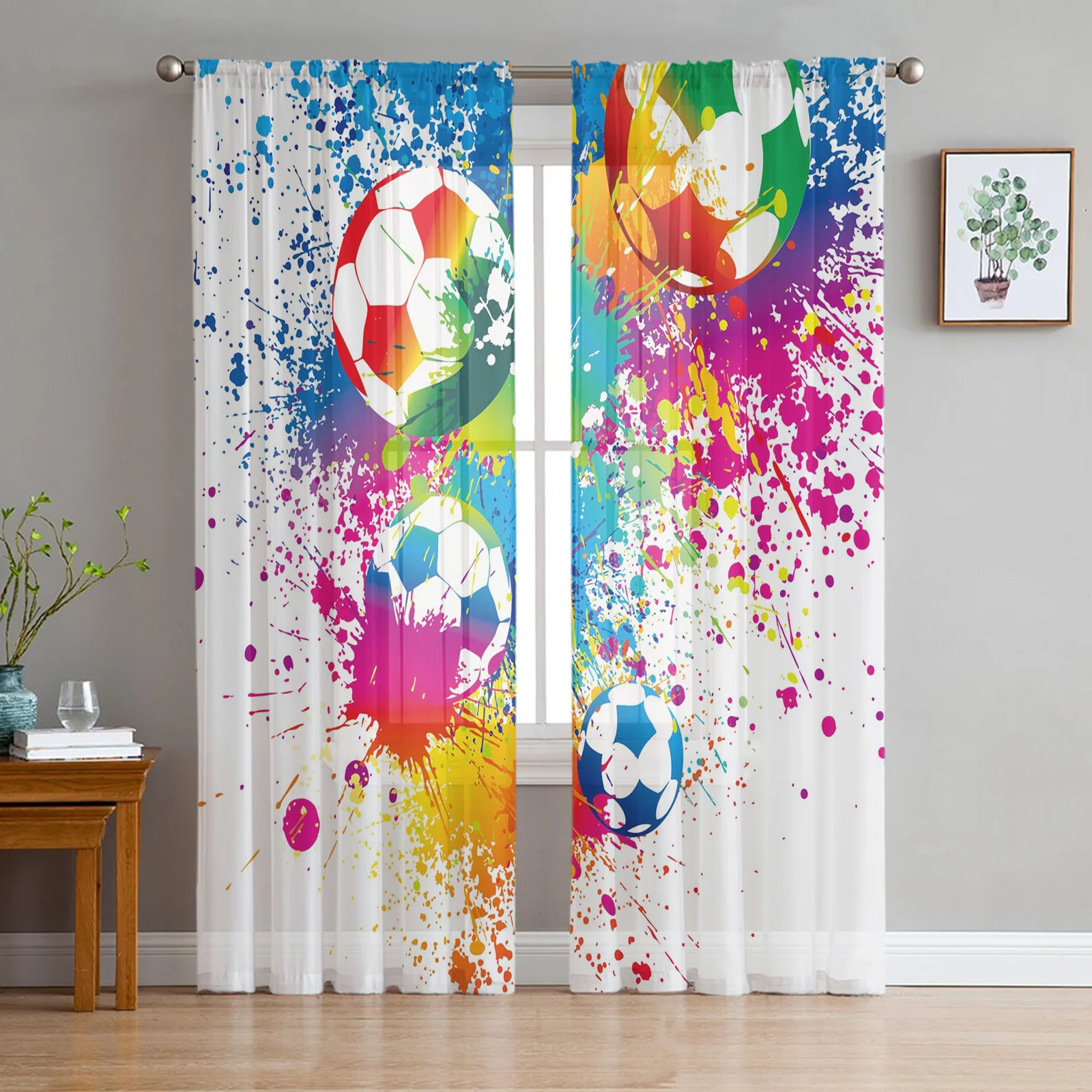 Colorful Football Paint Art Soccer Tulle Sheer Curtains for Living Room ...