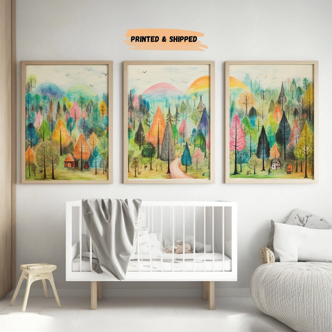 Colorful Forest Crayon Style Nursery Wall Art Set 3 Stretched Canvas ...