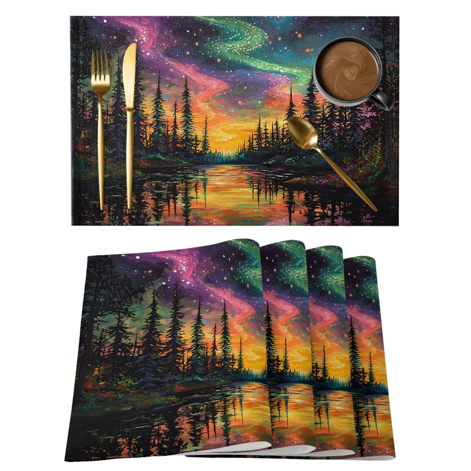 Colorful Forest Fantasy Placemats Set of 4 Pine Silhouettes River Place ...