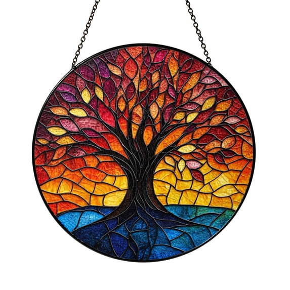 Colorful Forest Tree Stained Glass Style Window Suncatcher Hanging ...