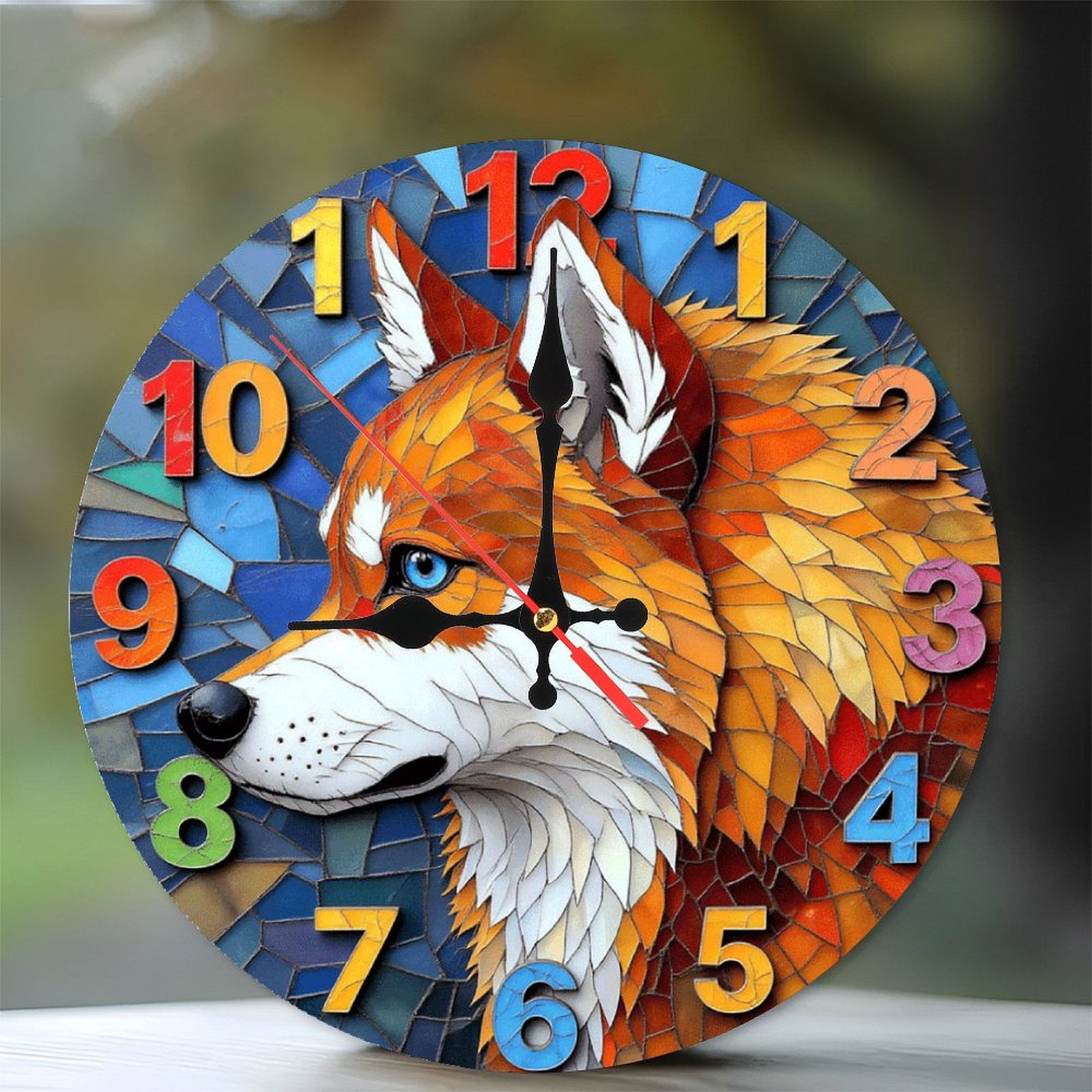 Colorful Fox Wall Clock Plaque with Mosaic Design 10-Inch Silent Wooden ...