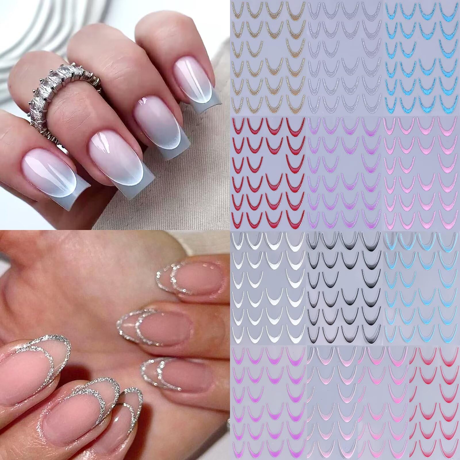 Colorful French Tip Stickers - 13pcs Glitter Curve Decals French Tip ...
