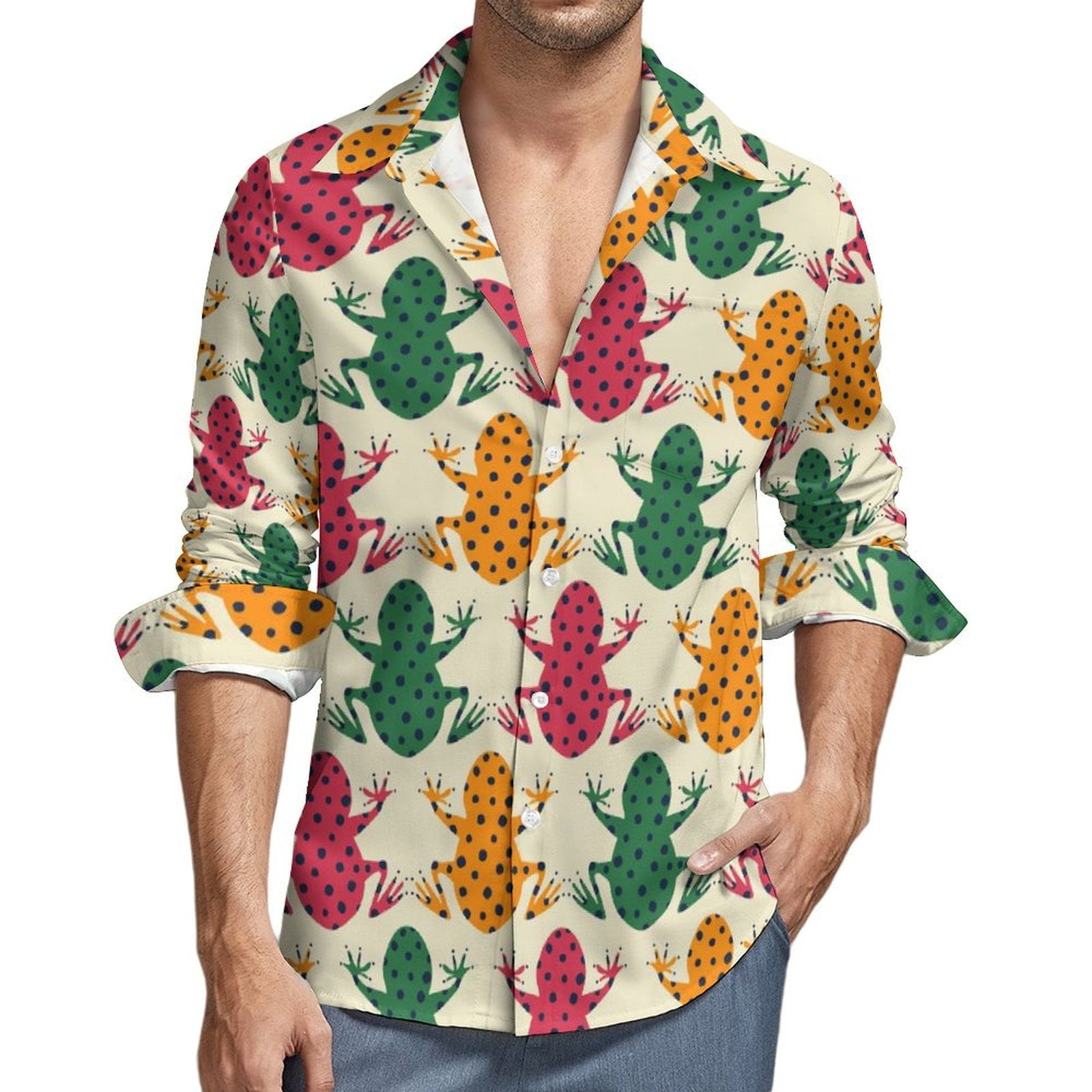 Colorful Frogs Mens Long Sleeve Button Down Shirts, Casual Men's Button ...