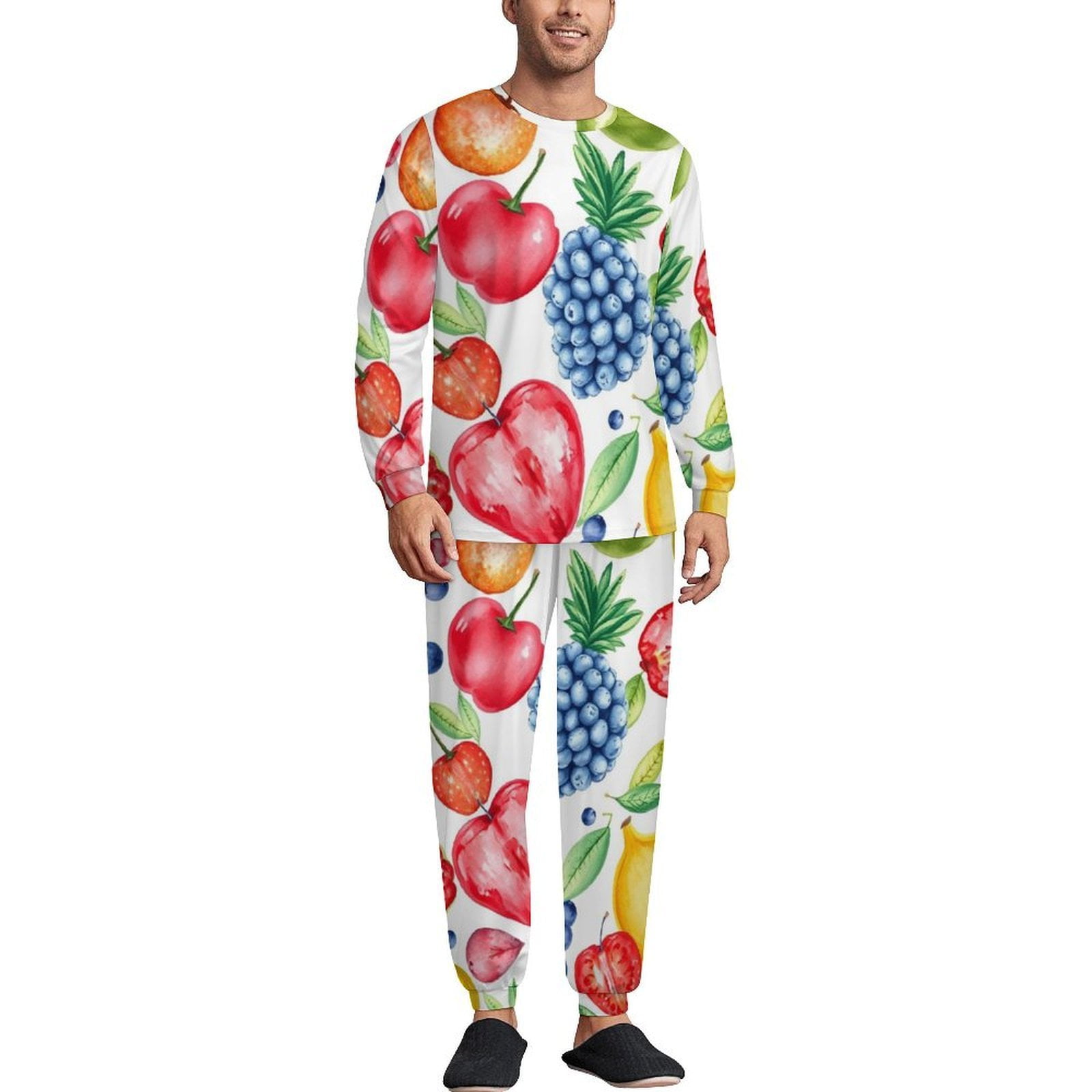 Colorful Fruit Pattern Pajamas Mens Warm Sleepwear Autumn Long Sleeve 2 ...