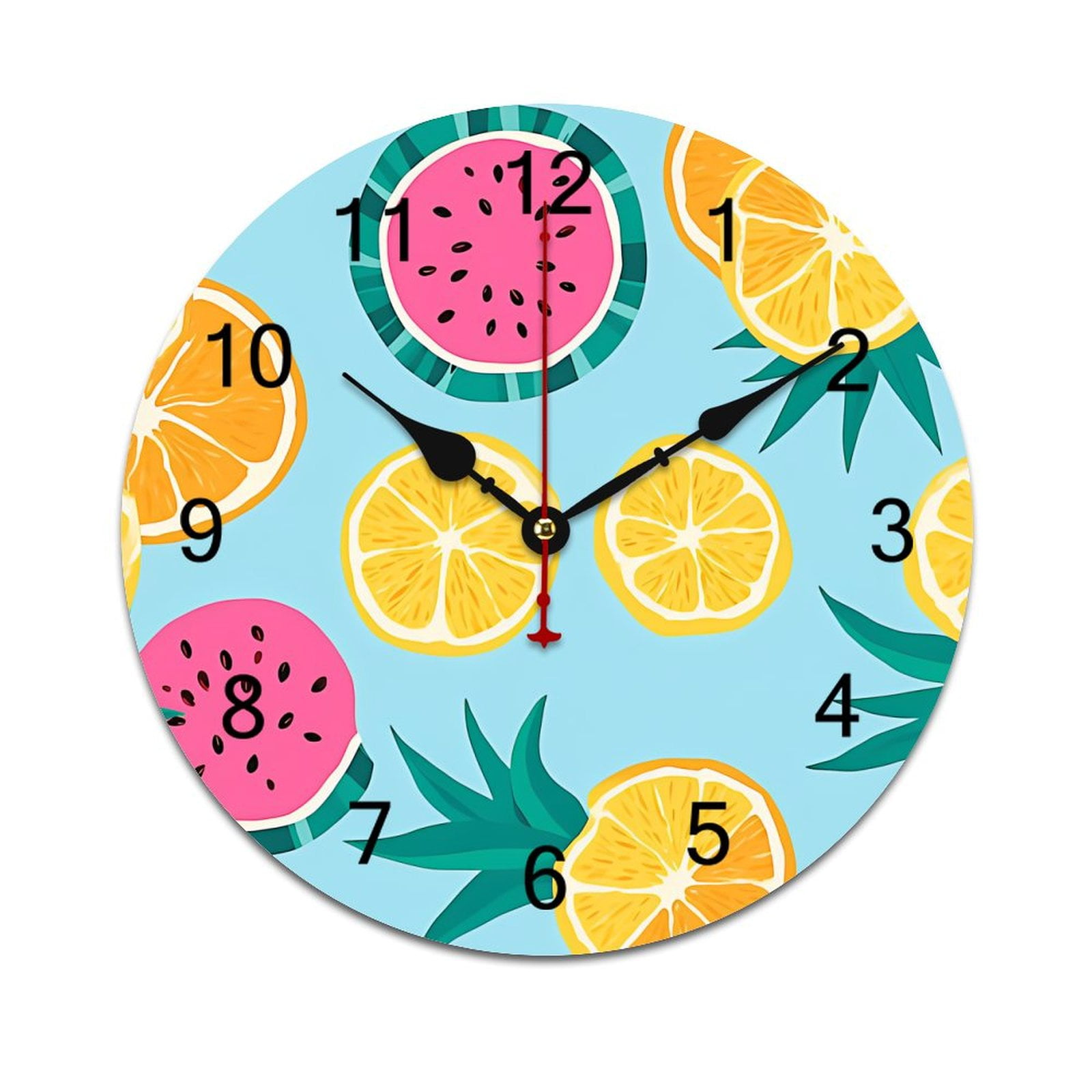 Colorful Fruit Pattern Printed Silent Wall Clock Round Kitchen Clock ...