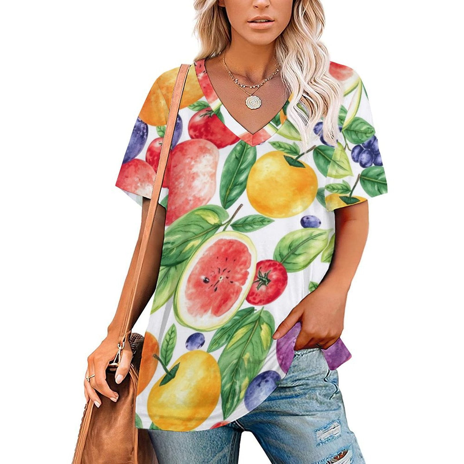 Colorful Fruit Pattern Summer T-shirts Women T Shirt Tops Woman V-Neck ...